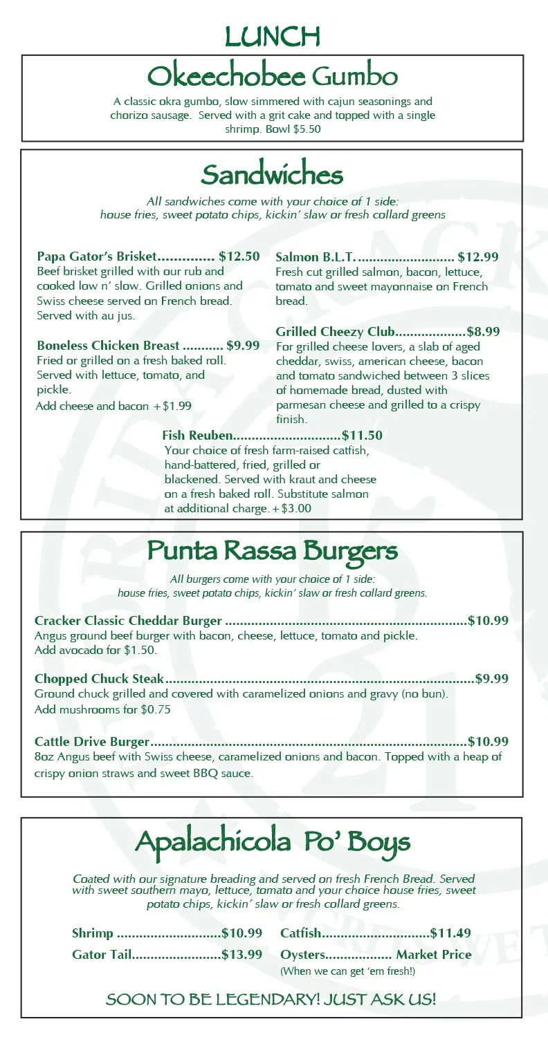 All Menus — FLORIDA CRACKER - The Original Floridian