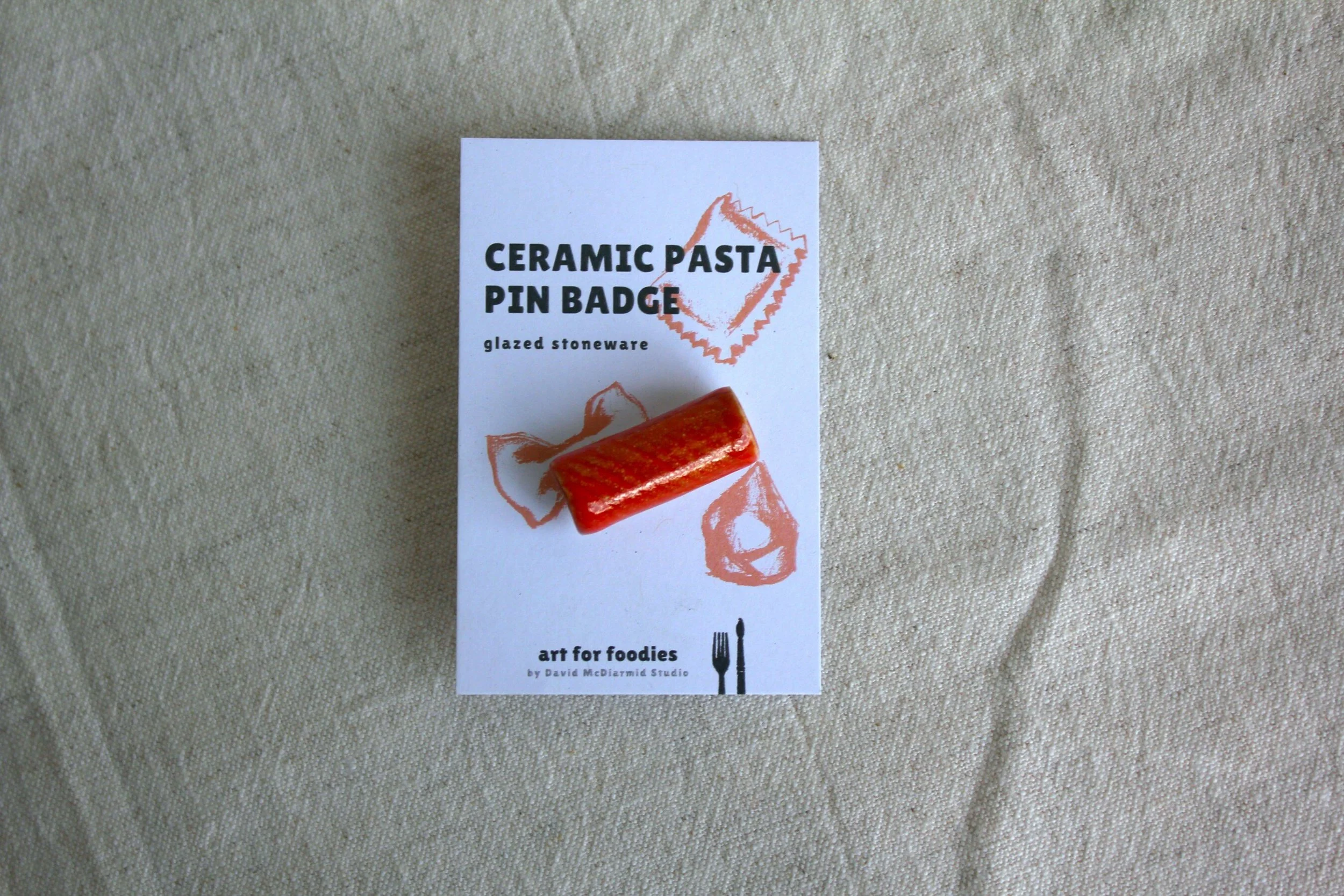 Rigatoni Ceramic Pasta Pin Badge in Tomato Sugo Glaze — David McDiarmid ...