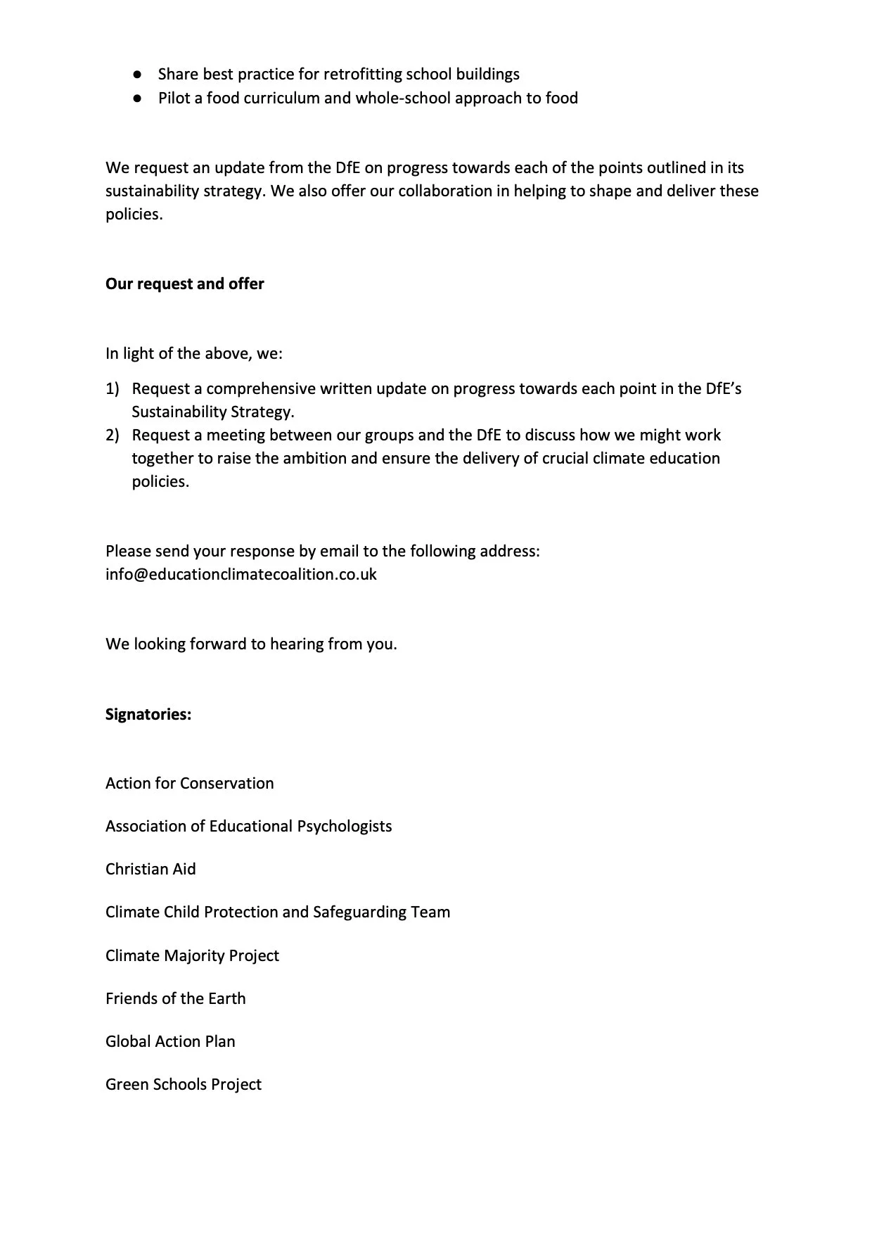 > Open letter to the DfE — Education Climate Coalition