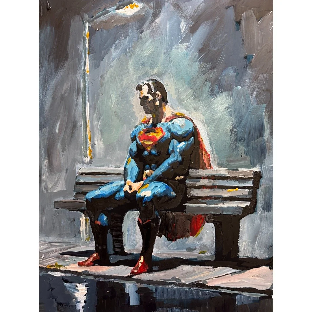 Impasto Painting of Emotive Superman on a Park Bench Acrylic Cover ...
