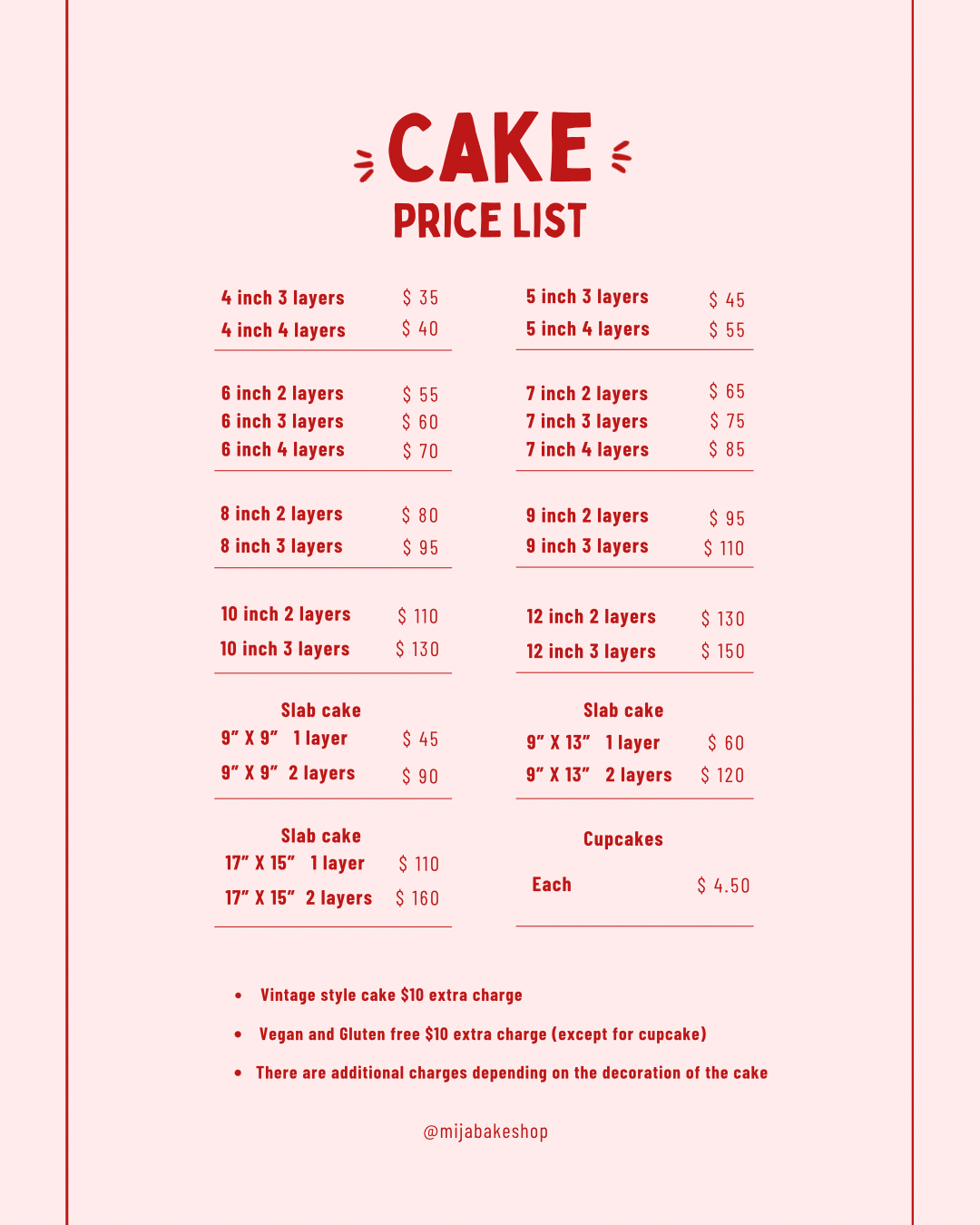 Cake Price List — MIJA BAKESHOP