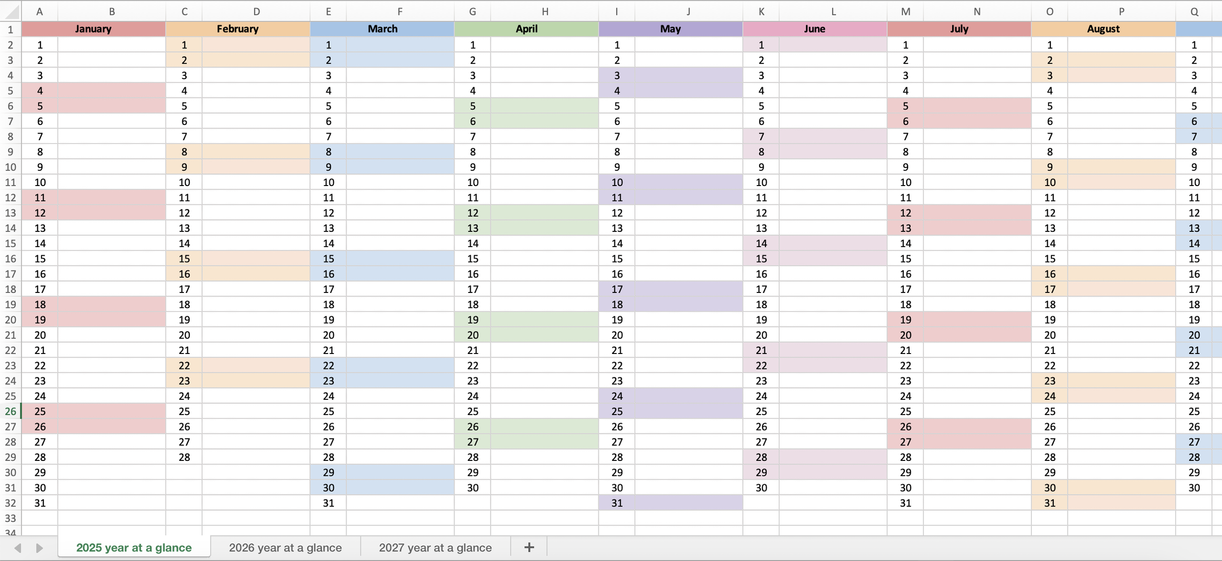 Year At A Glance Calendar 2025, 2026, 2027 (Excel) | Ahead Achiever