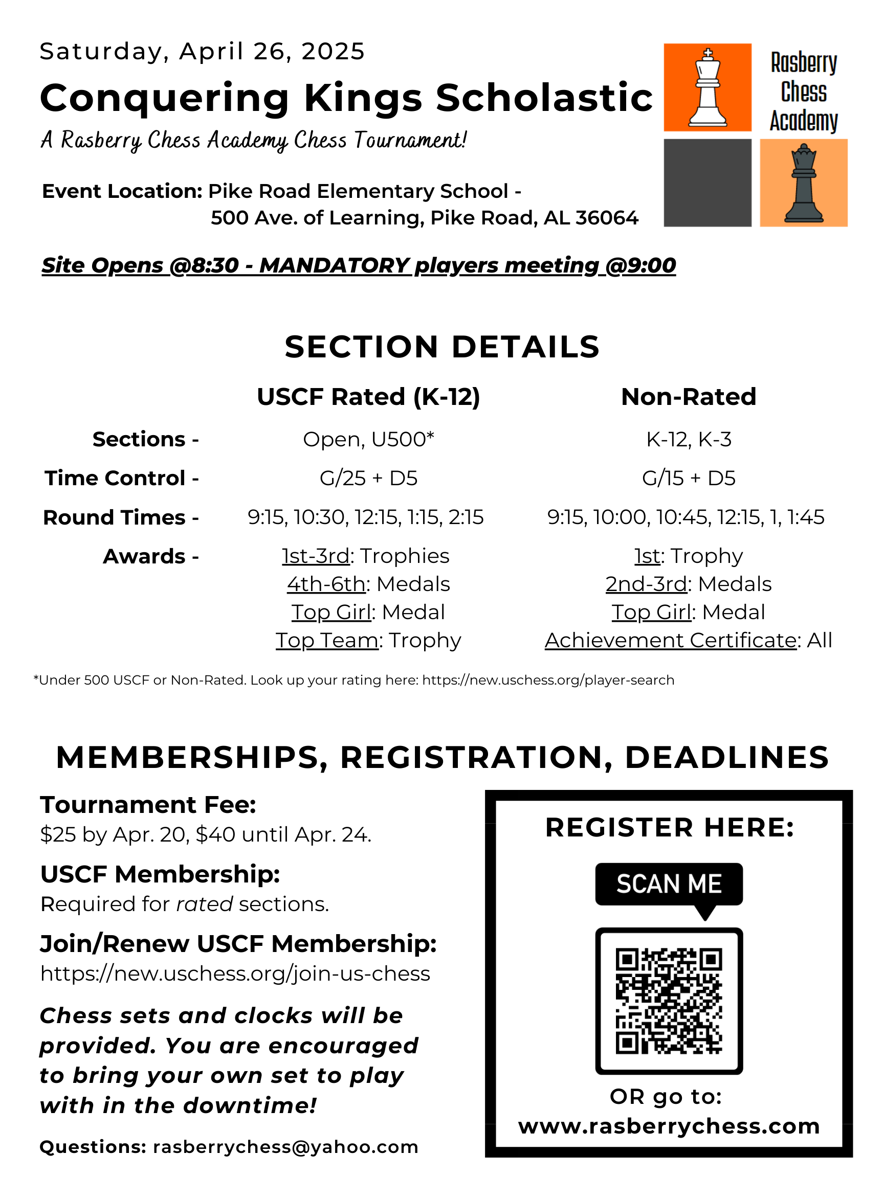 Alabama Chess Tournaments | 2025 Conquering Kings Scholastic — Rasberry ...