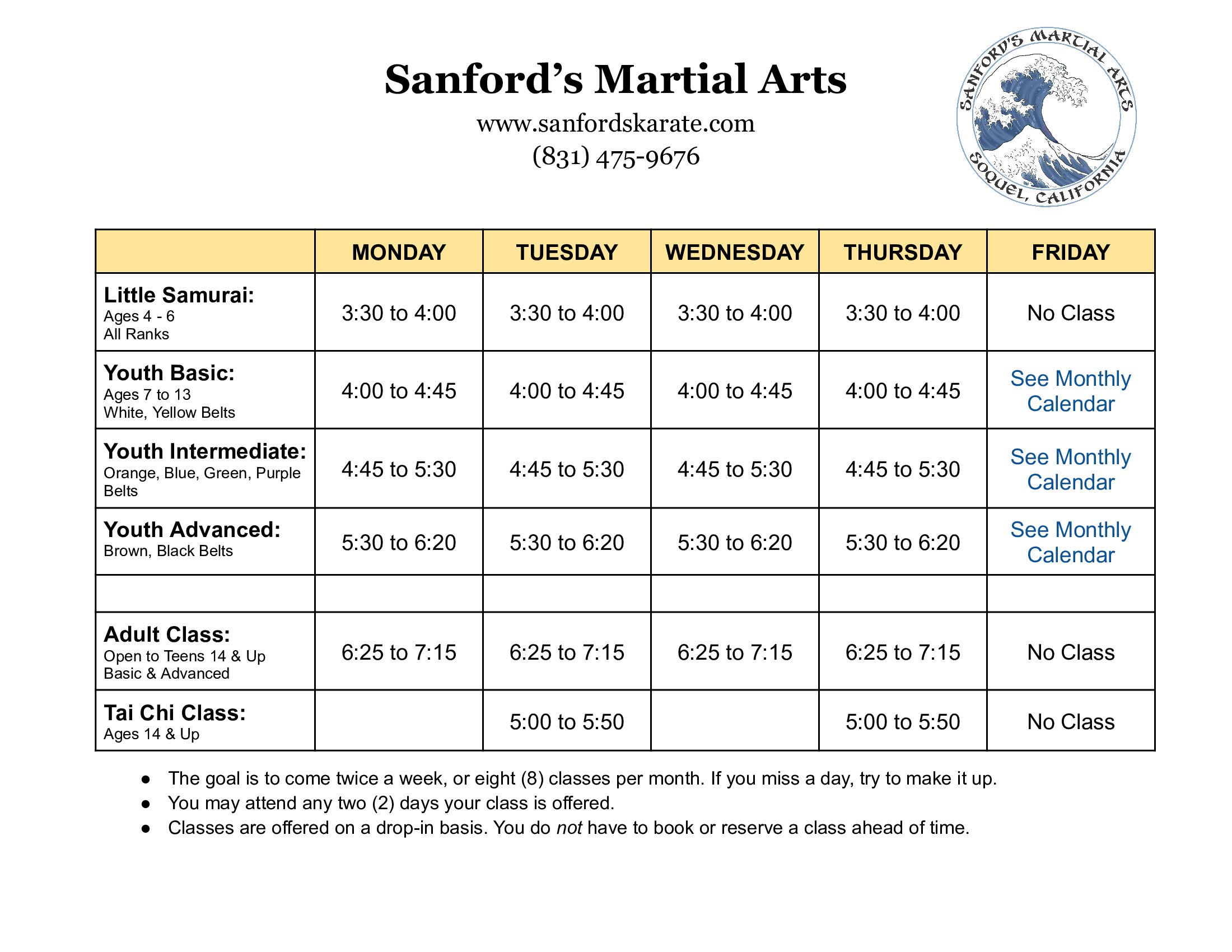 Weekly Schedule — Sanford’s Martial Arts
