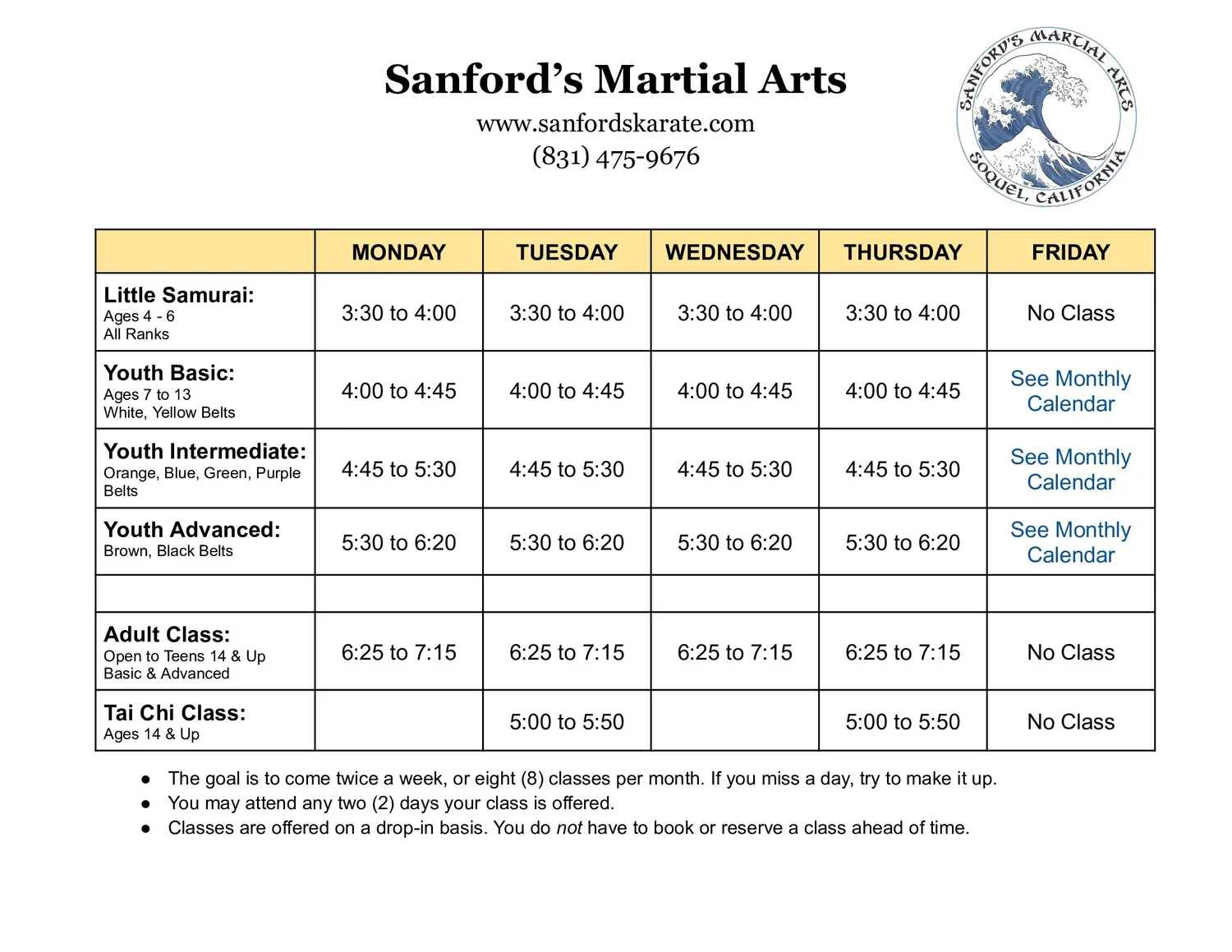 Weekly Schedule — Sanford’s Martial Arts