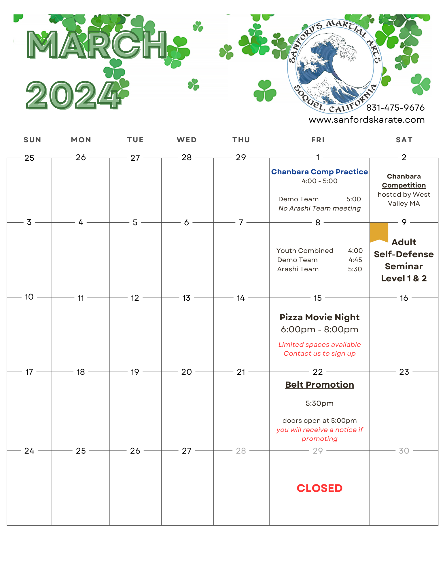 Monthly Calendar — Sanford’s Martial Arts
