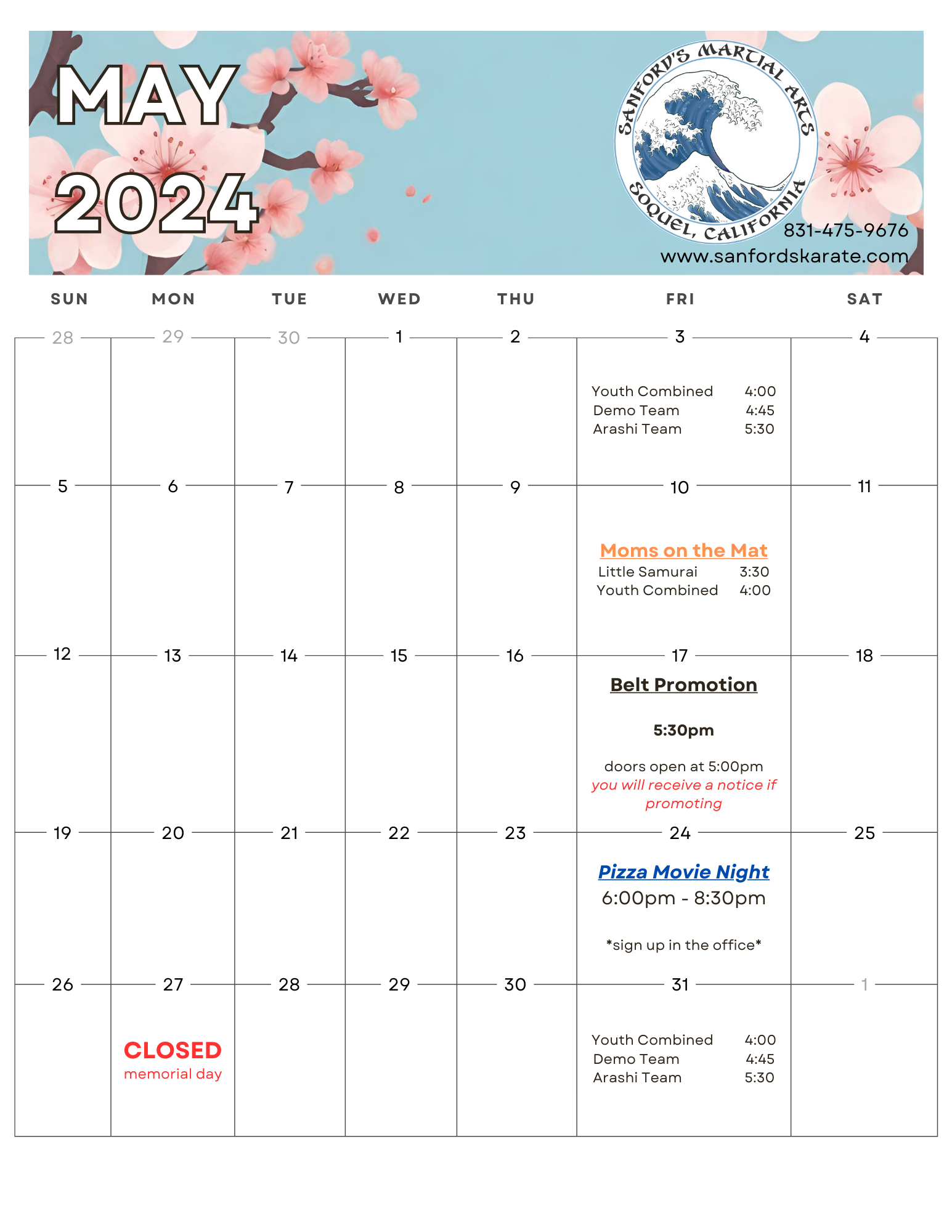 Monthly Calendar — Sanford’s Martial Arts