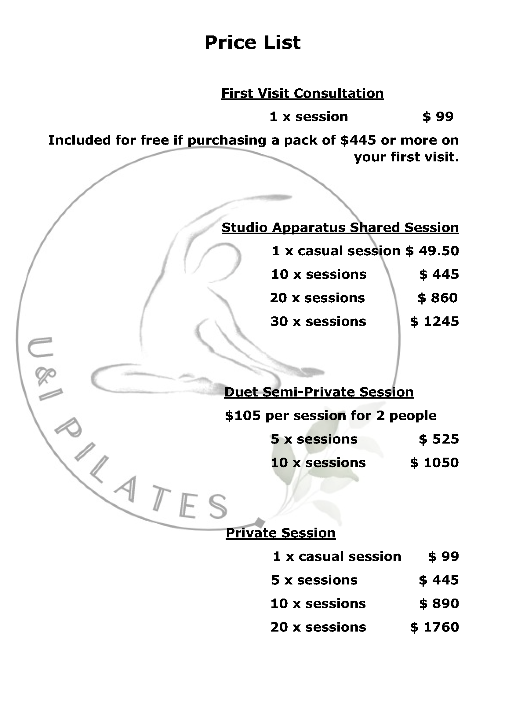Price List — U&I Pilates