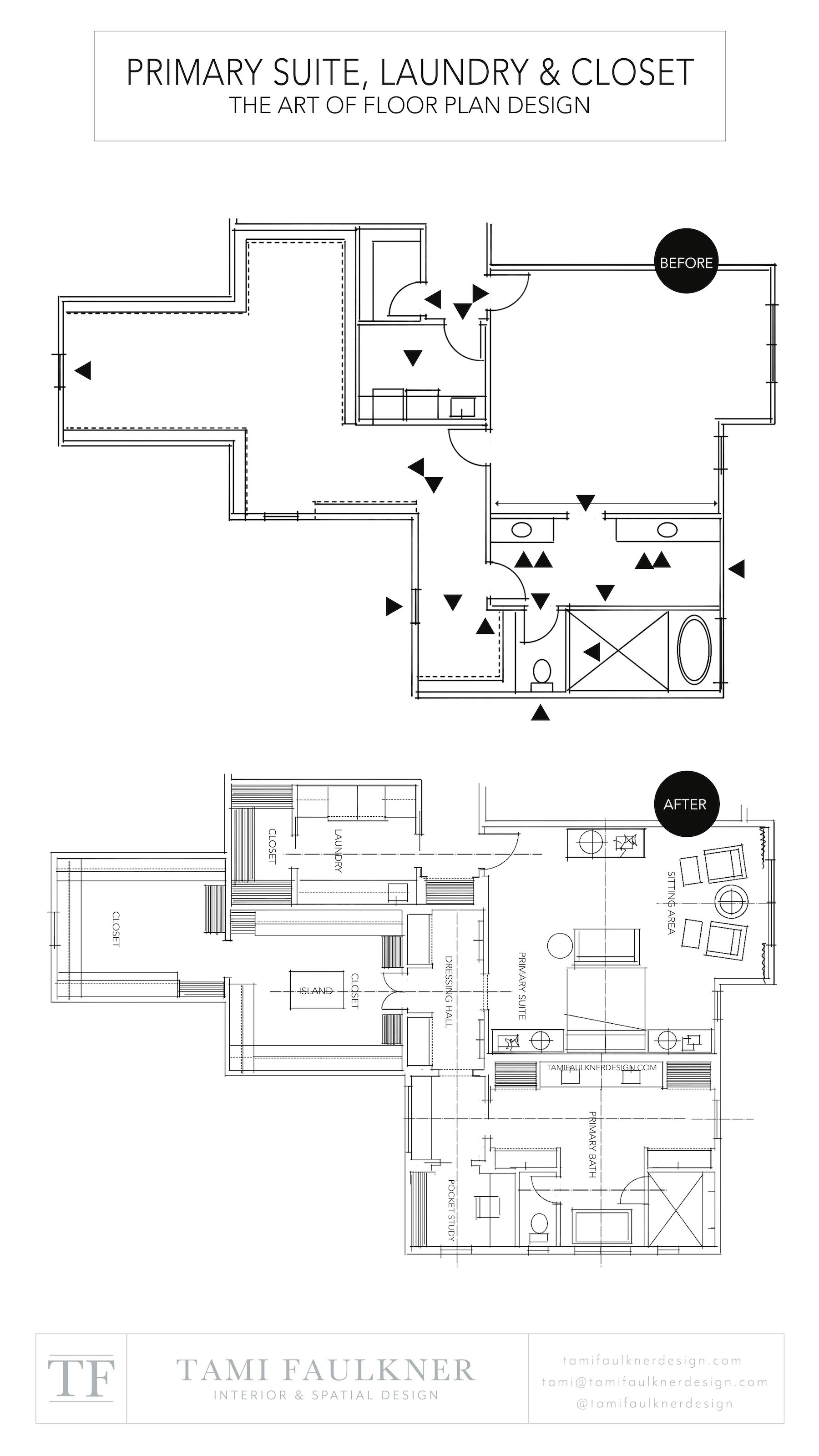 PRIMARY SUITE, LAUNDRY ROOM AND CLOSET FLOOR PLAN LAYOUT - BEFORE AND ...