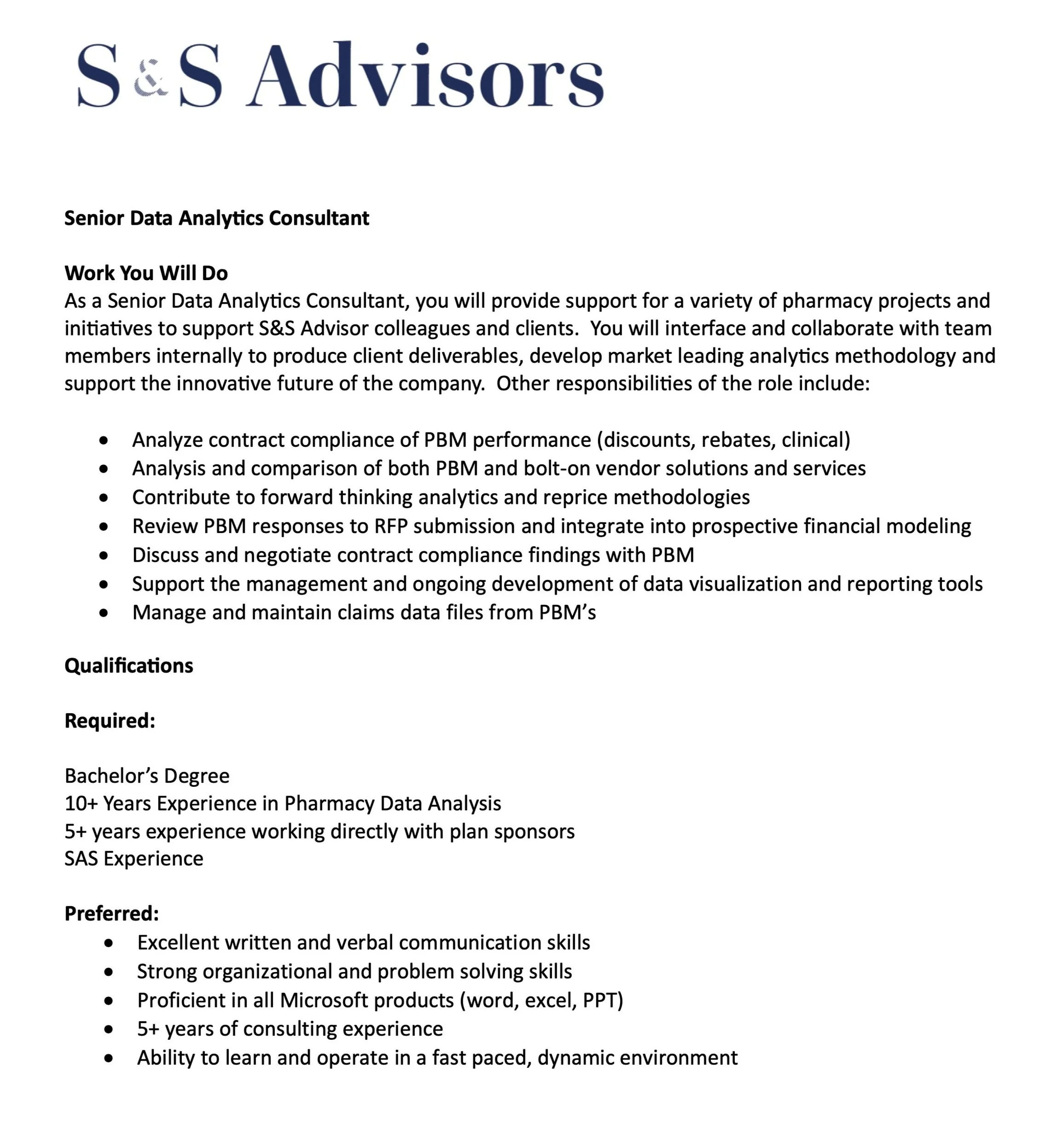 Senior Data Analytics Consultant — S&S Advisors
