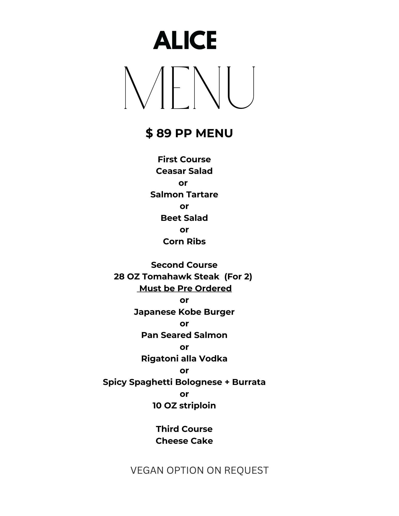 Prix Fixe Menu | Alice Toronto Little Italy Dining — ALICE