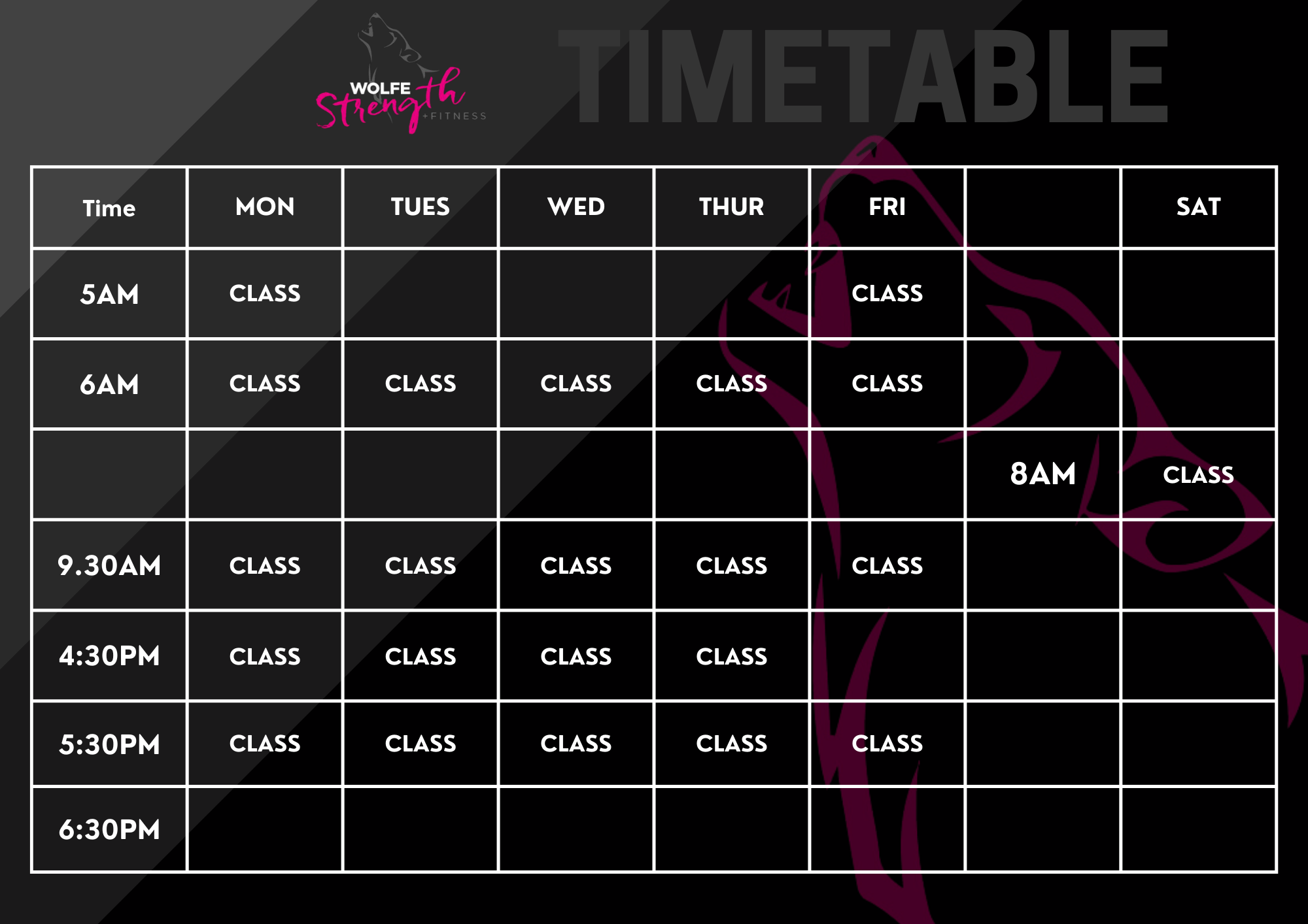 TIMETABLE — Wolfe Strength - Training and Nutrition