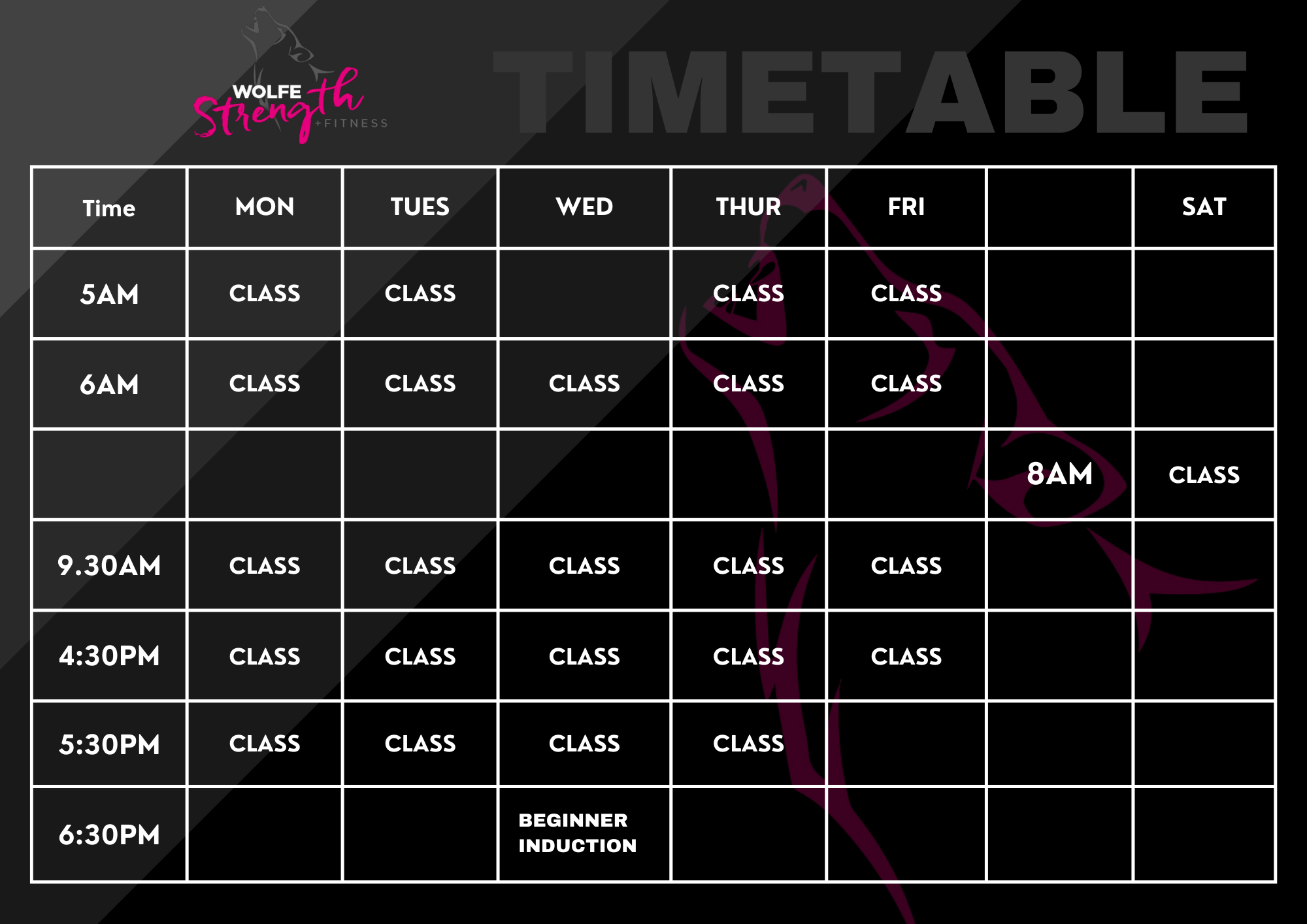 TIMETABLE — Wolfe Strength - Training and Nutrition
