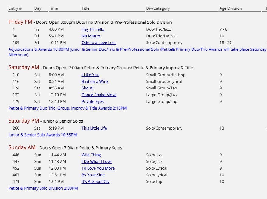Competition Schedules — The Studio Savannah