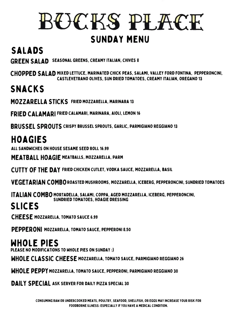 Menu — Buck's Place