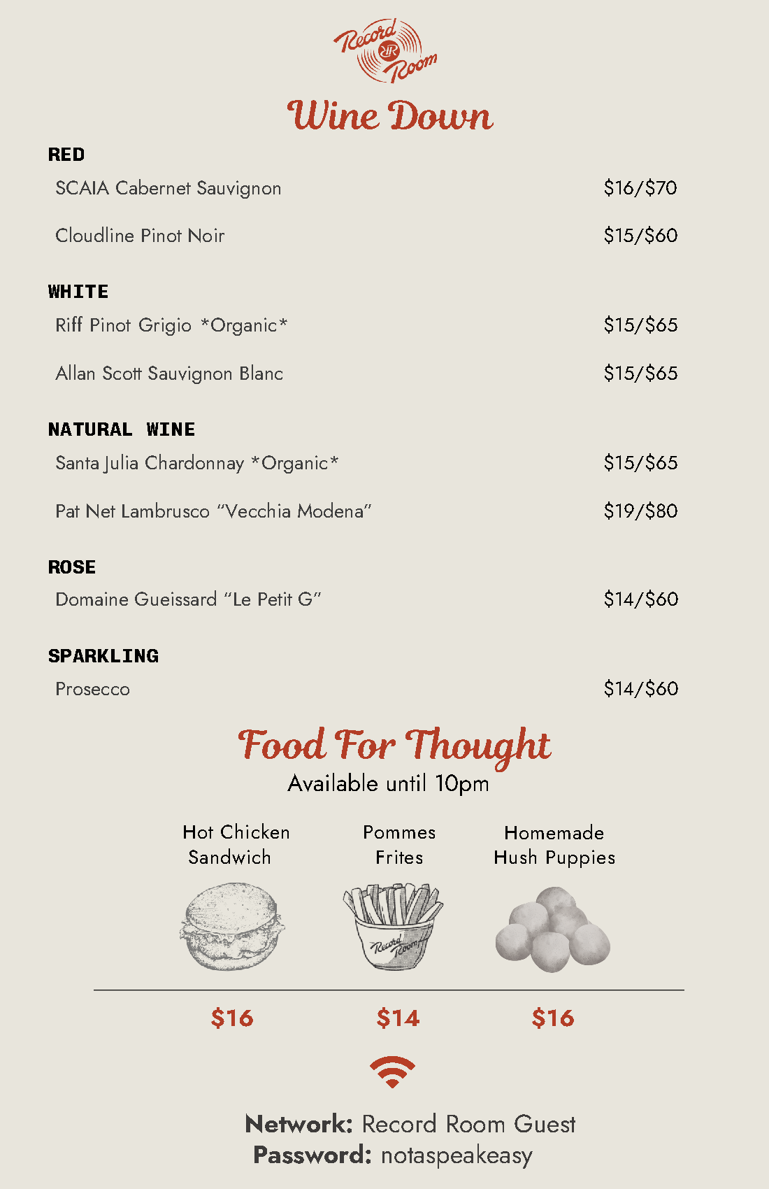 Menu — Record Room LIC