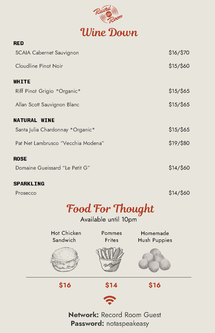 Menu — Record Room LIC