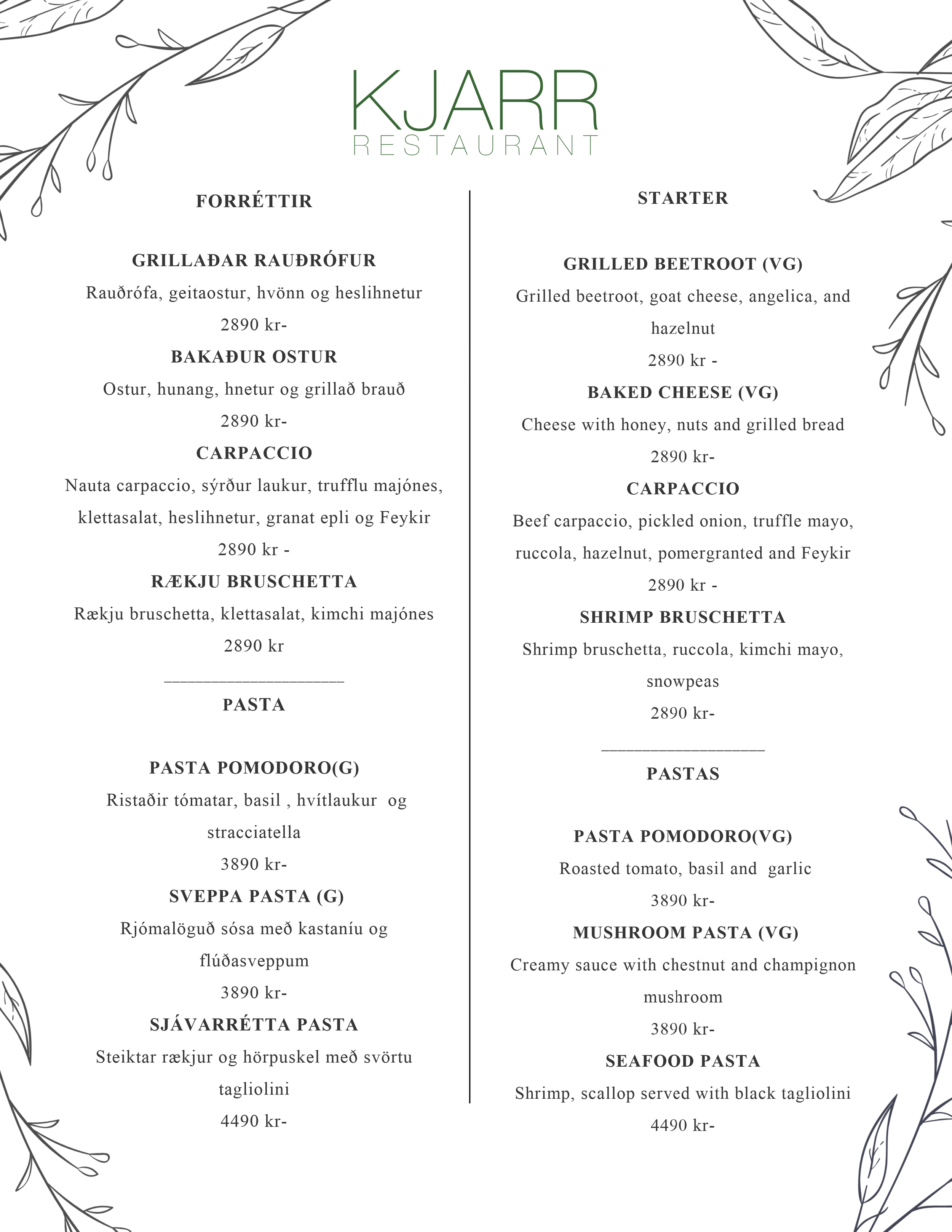 Menu 1 — Kjarr Restaurant