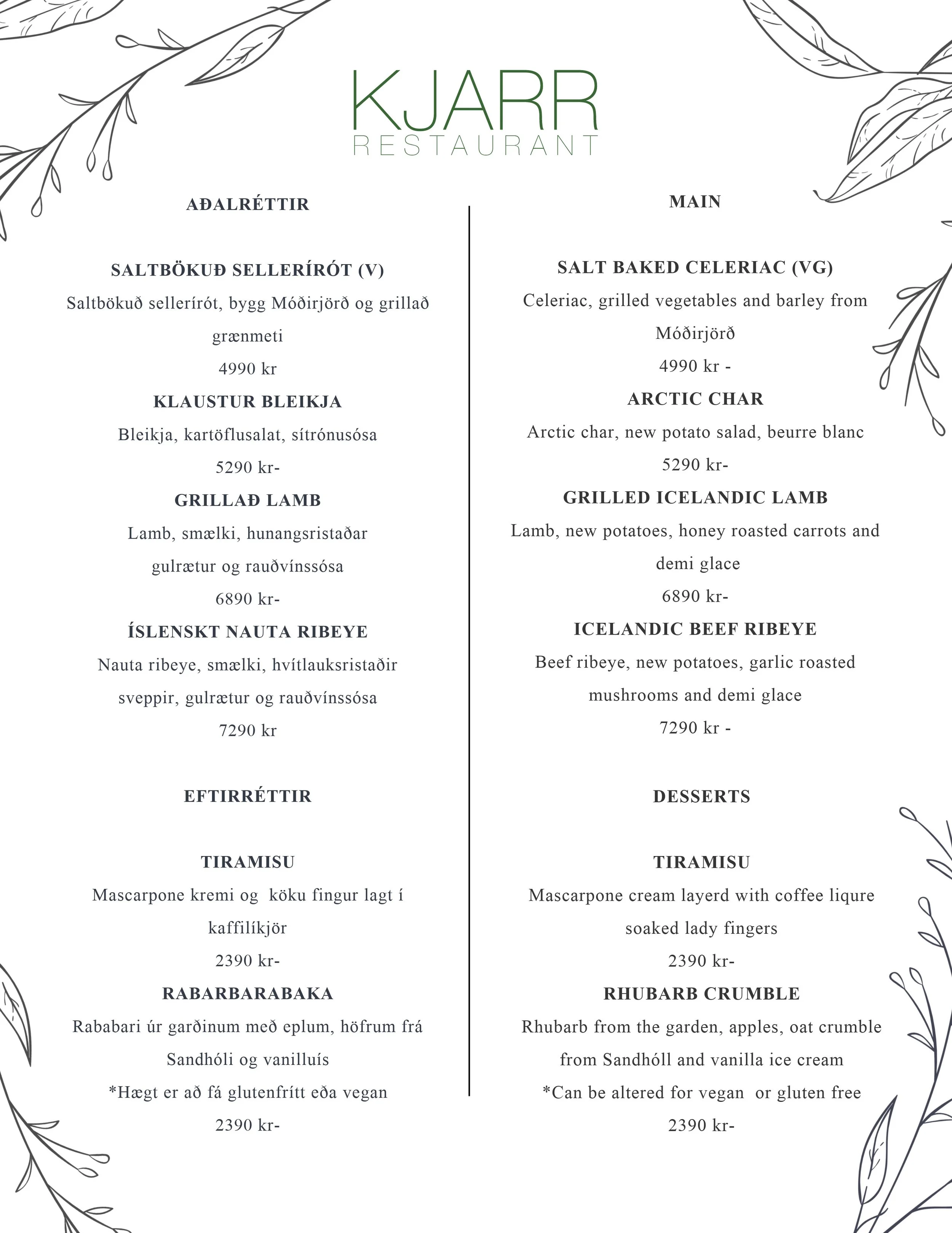 Menu 1 — Kjarr Restaurant