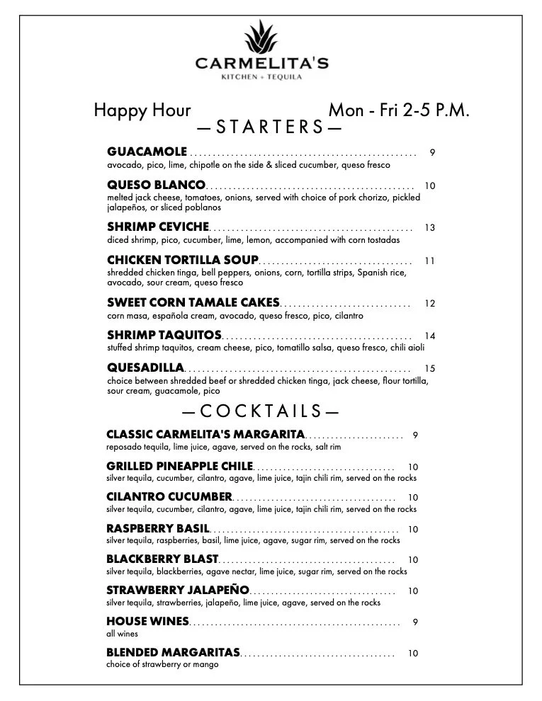 Menu — Carmelita's Kitchen + Tequila