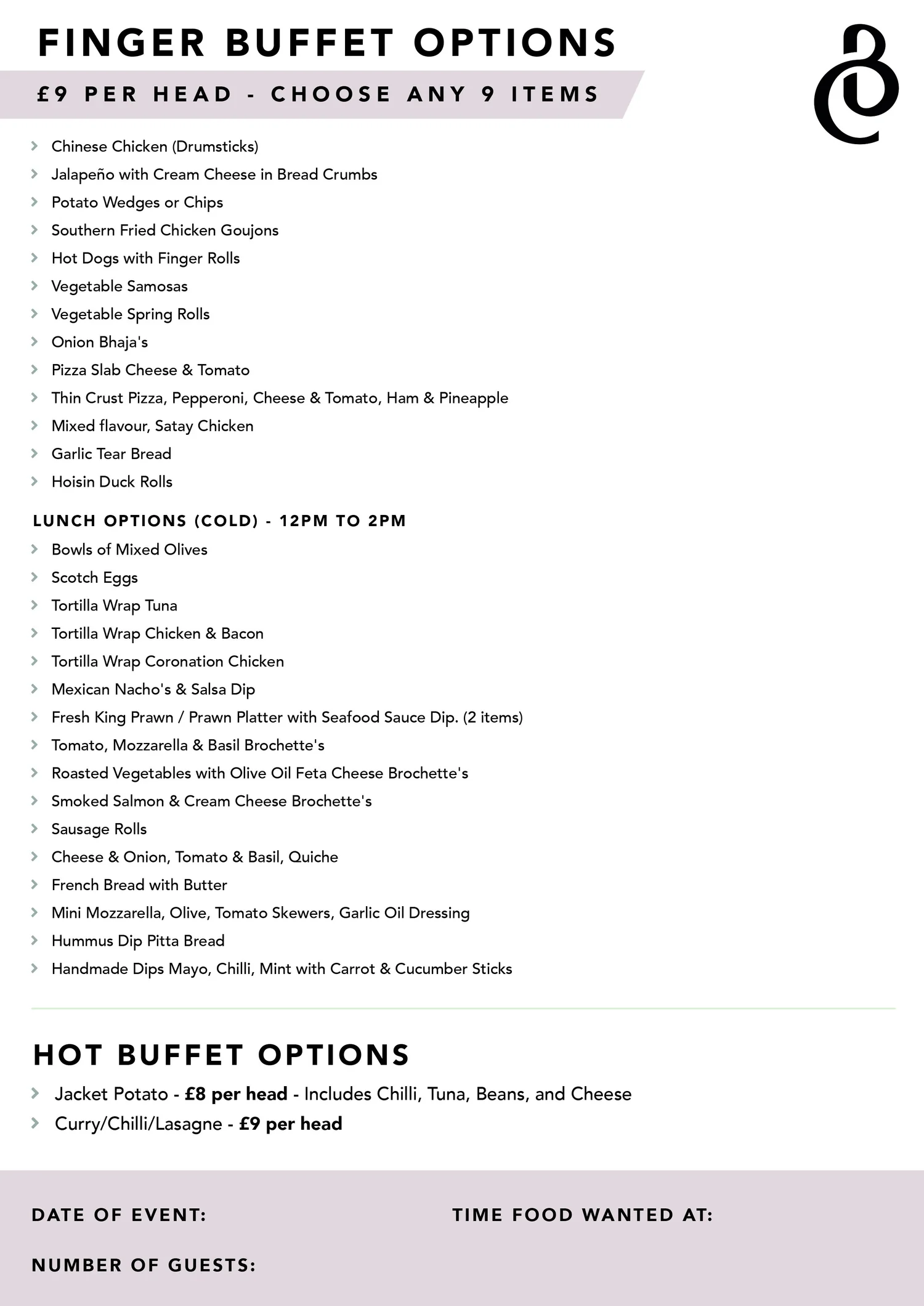 Event Buffet Menu — Blackwells Chipperfield