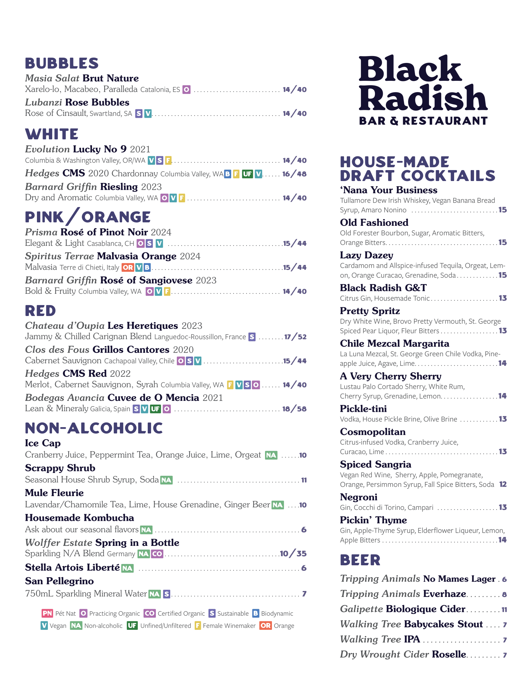 Bar Menus — Black Radish Bar & Restaurant