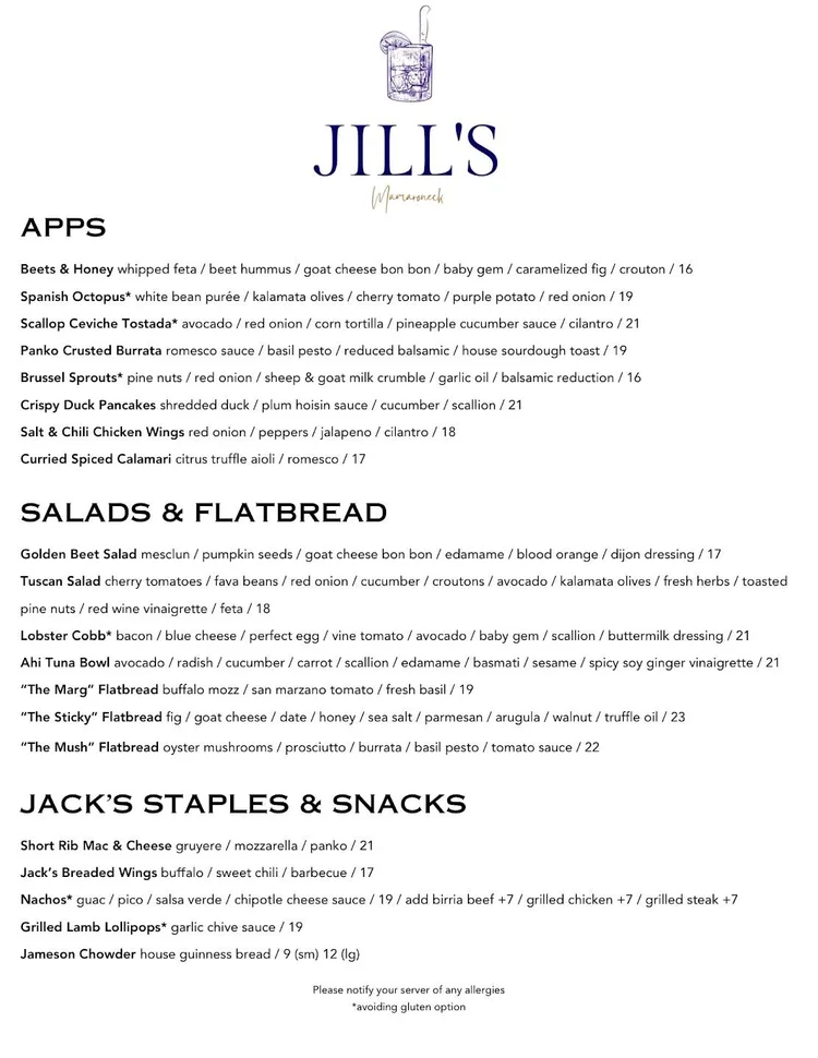 Food Menu — Jill's Bar & Restaurant