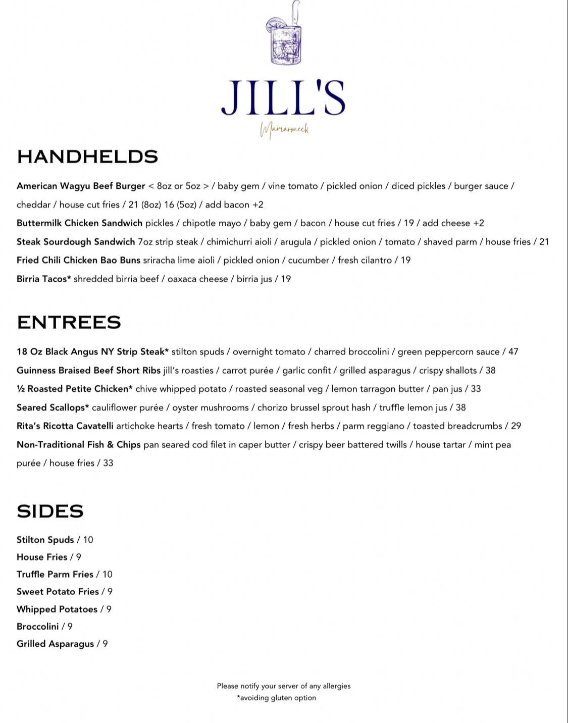 Food Menu — Jill's Bar & Restaurant