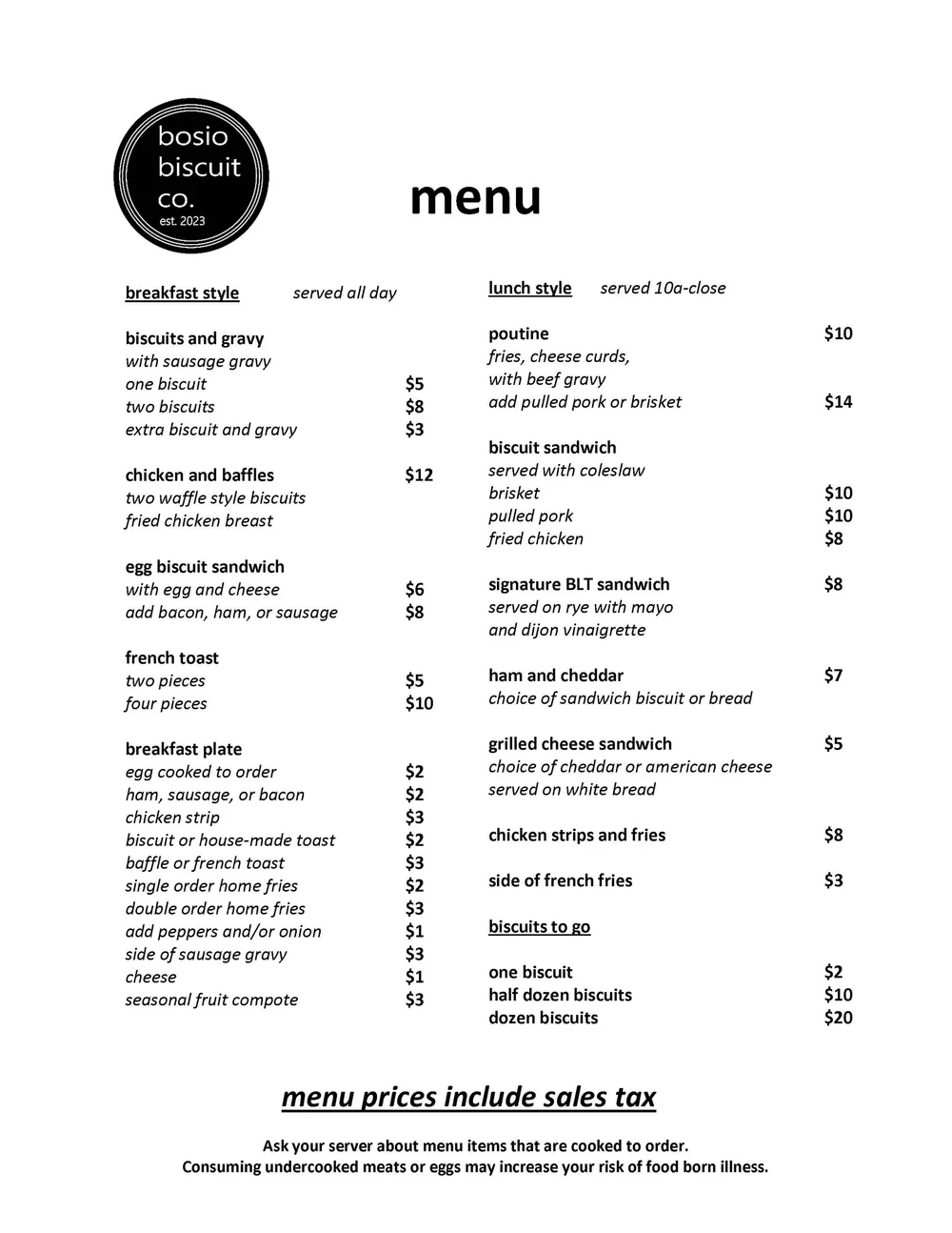 menu — bosio biscuit co