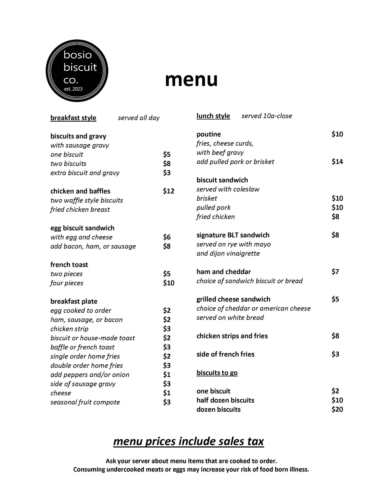 menu — bosio biscuit co