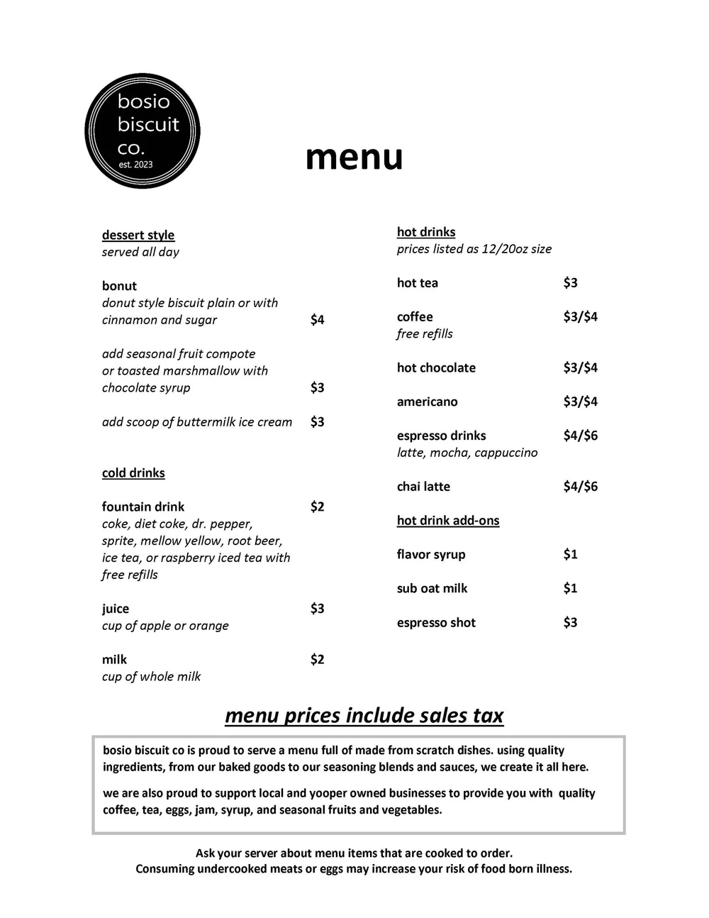 menu — bosio biscuit co