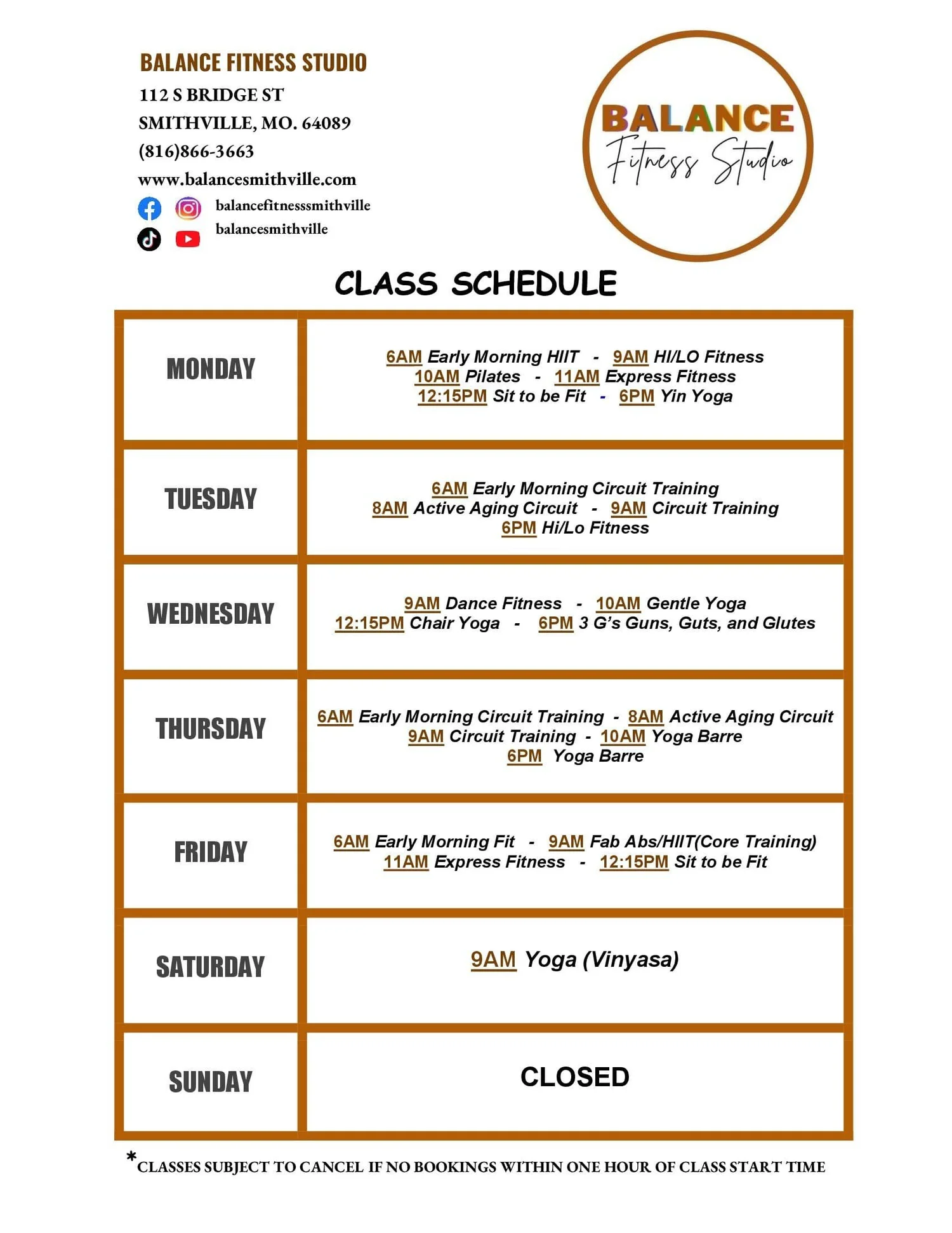 CLASS SCHEDULE — Balance Fitness Studio