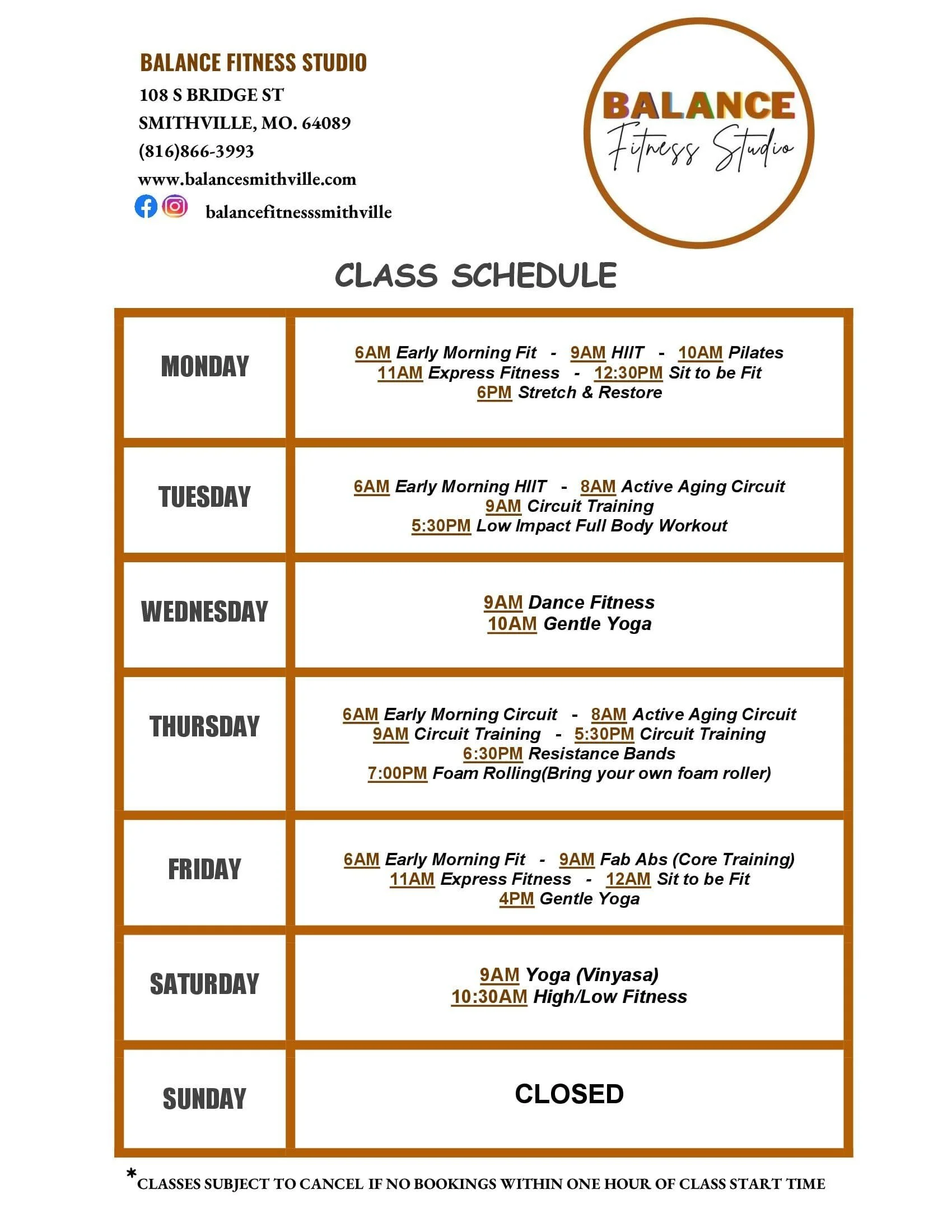 CLASS SCHEDULE — Balance Fitness Studio