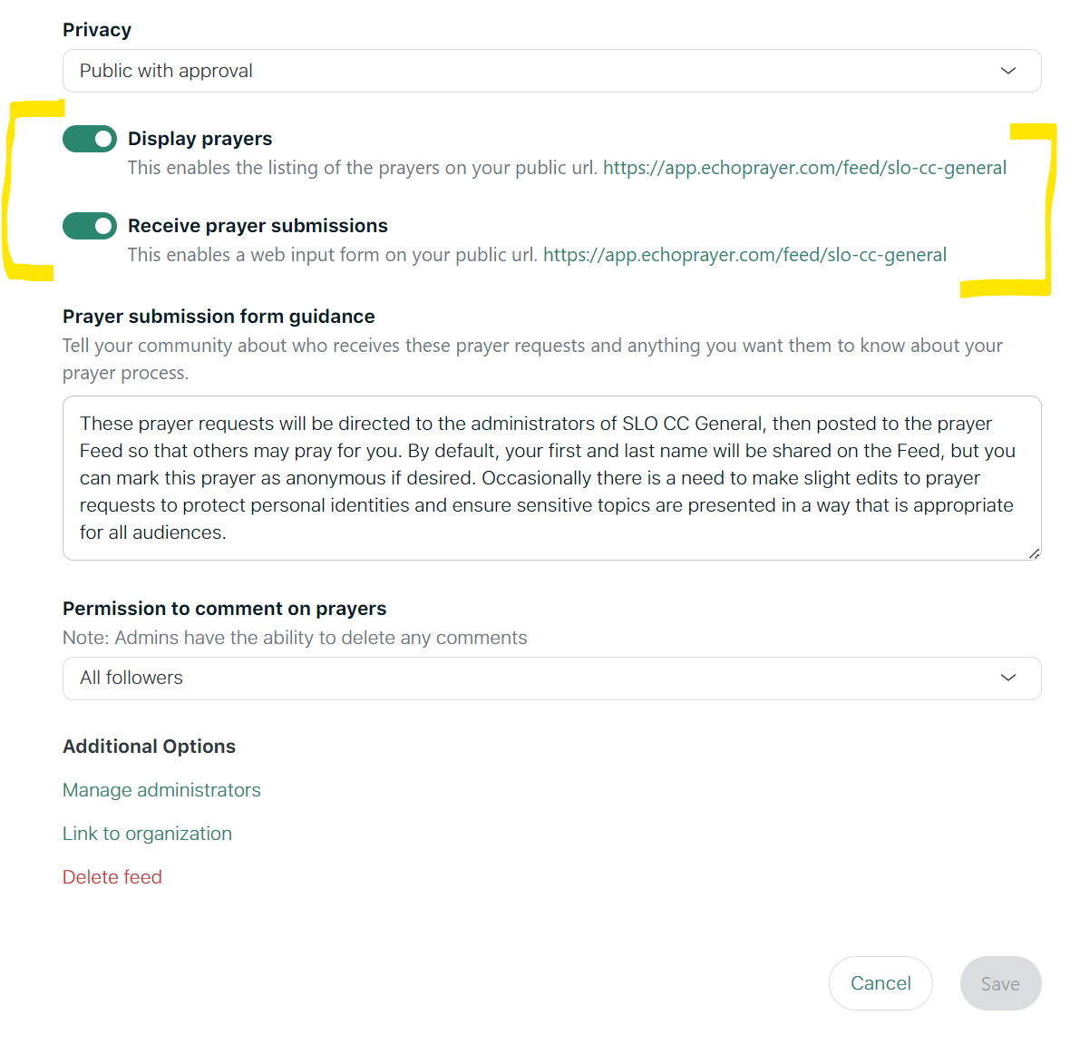 How to Manage your Public Feed URL — Echo Prayer