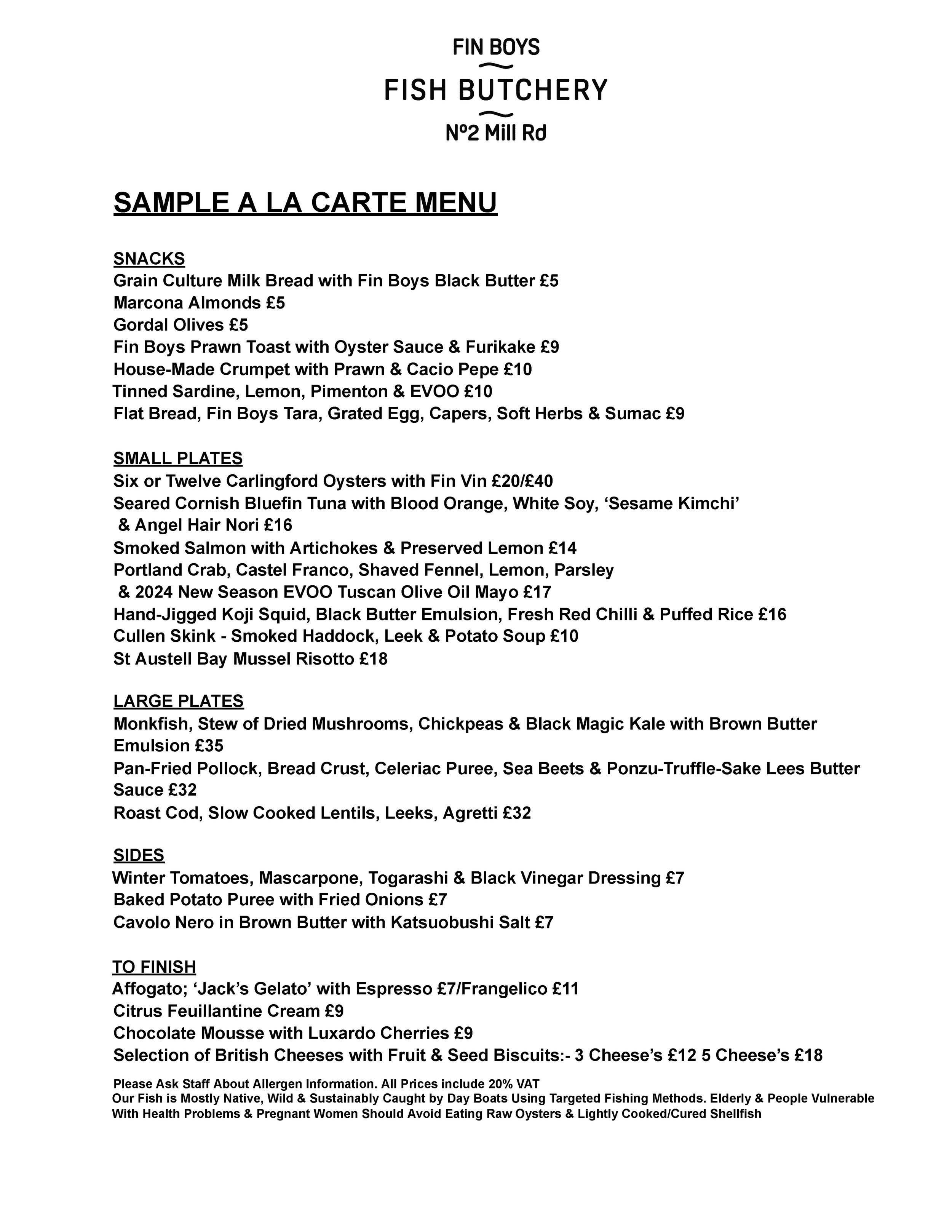 Fin Boys Menus — Fin Boys