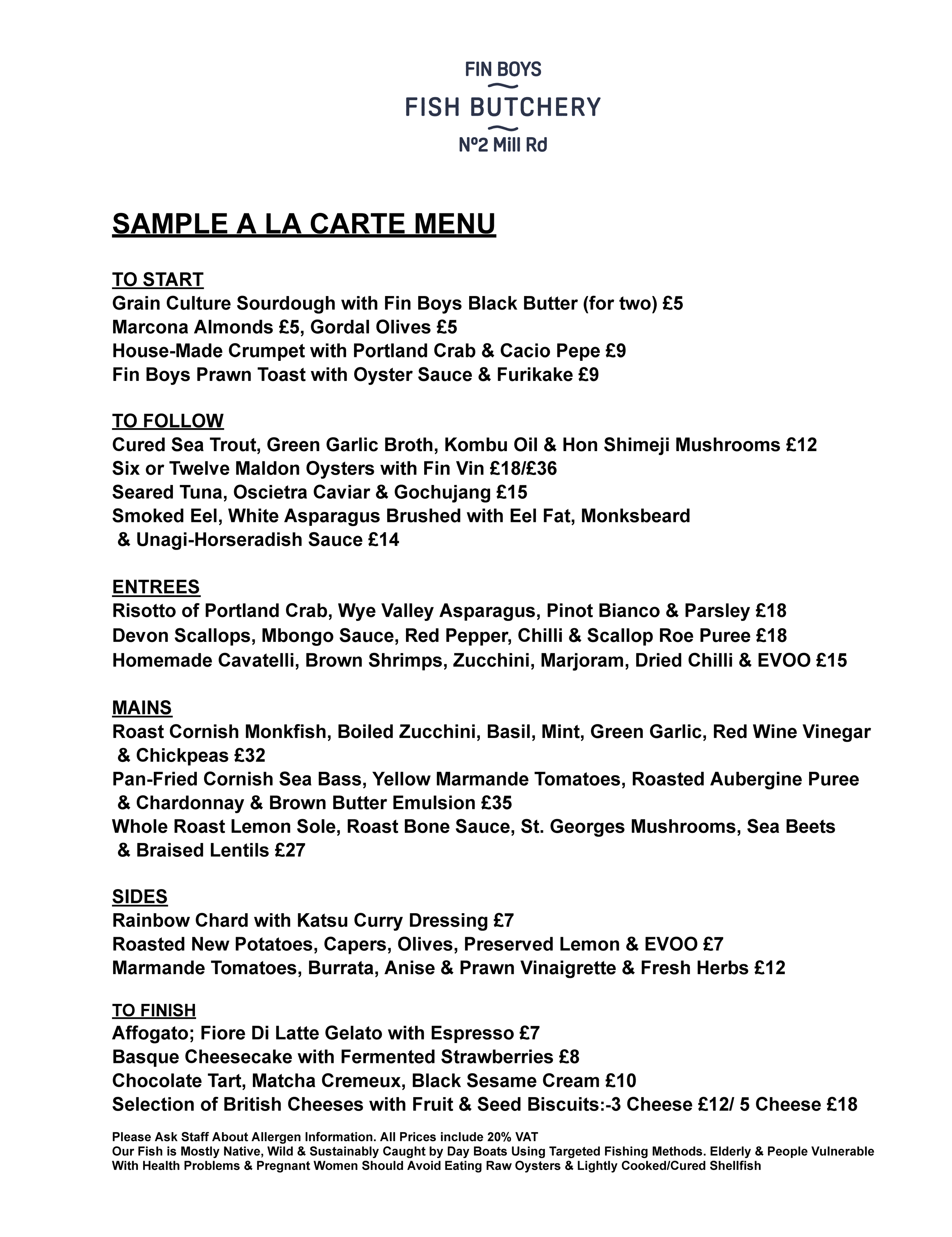 Fin Boys Menus — Fin Boys
