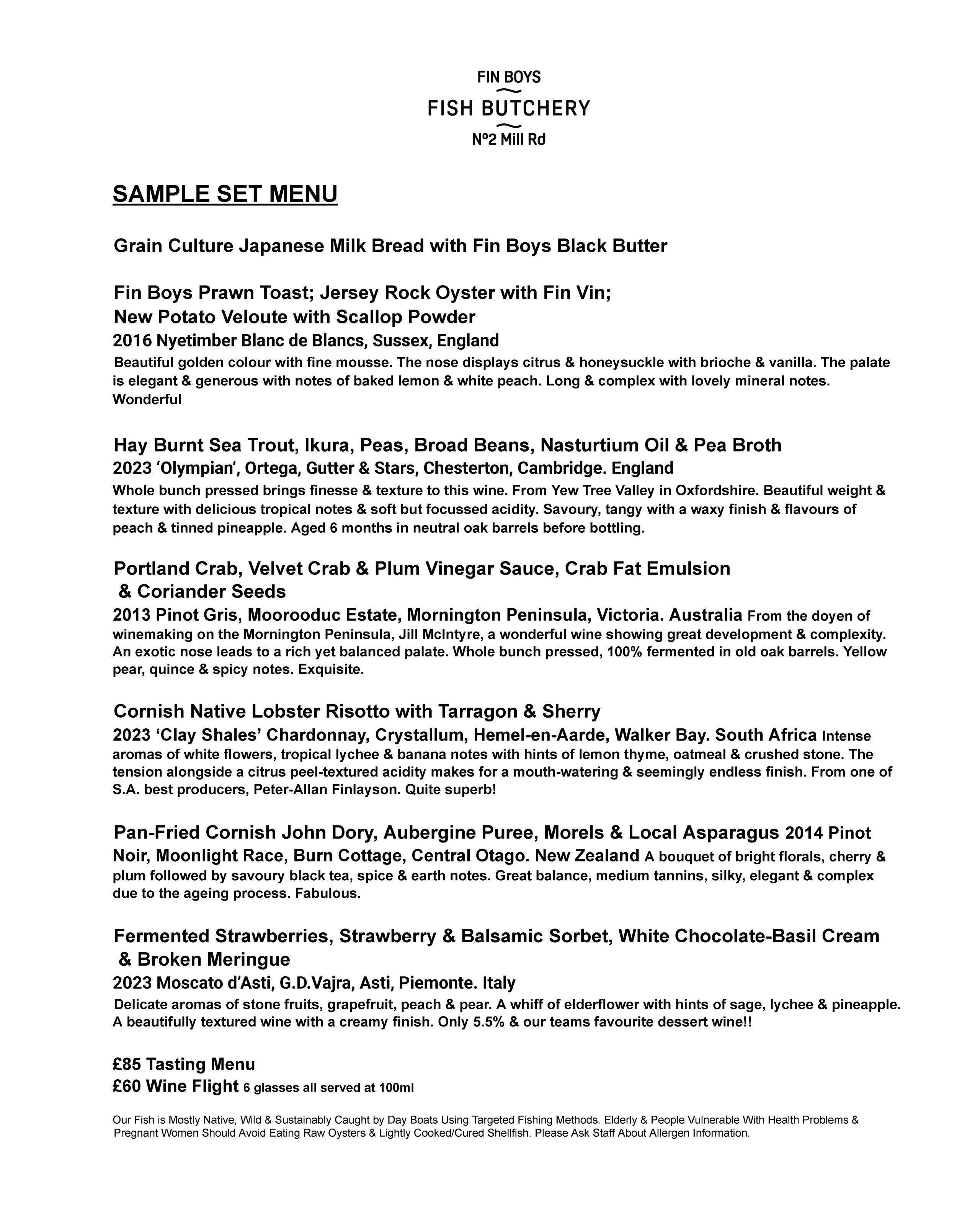 Fin Boys Menus — Fin Boys