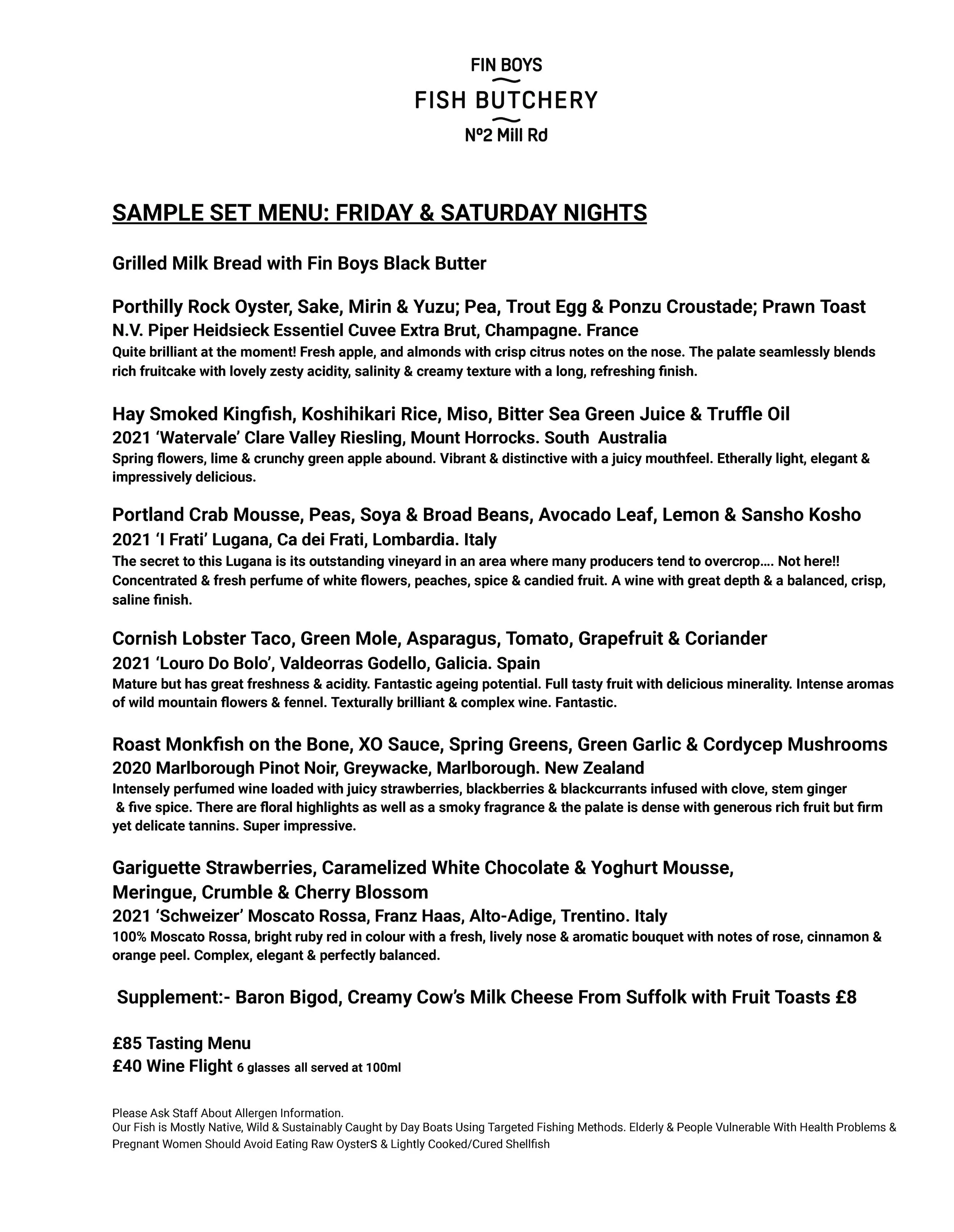 Fin Boys Menus — Fin Boys