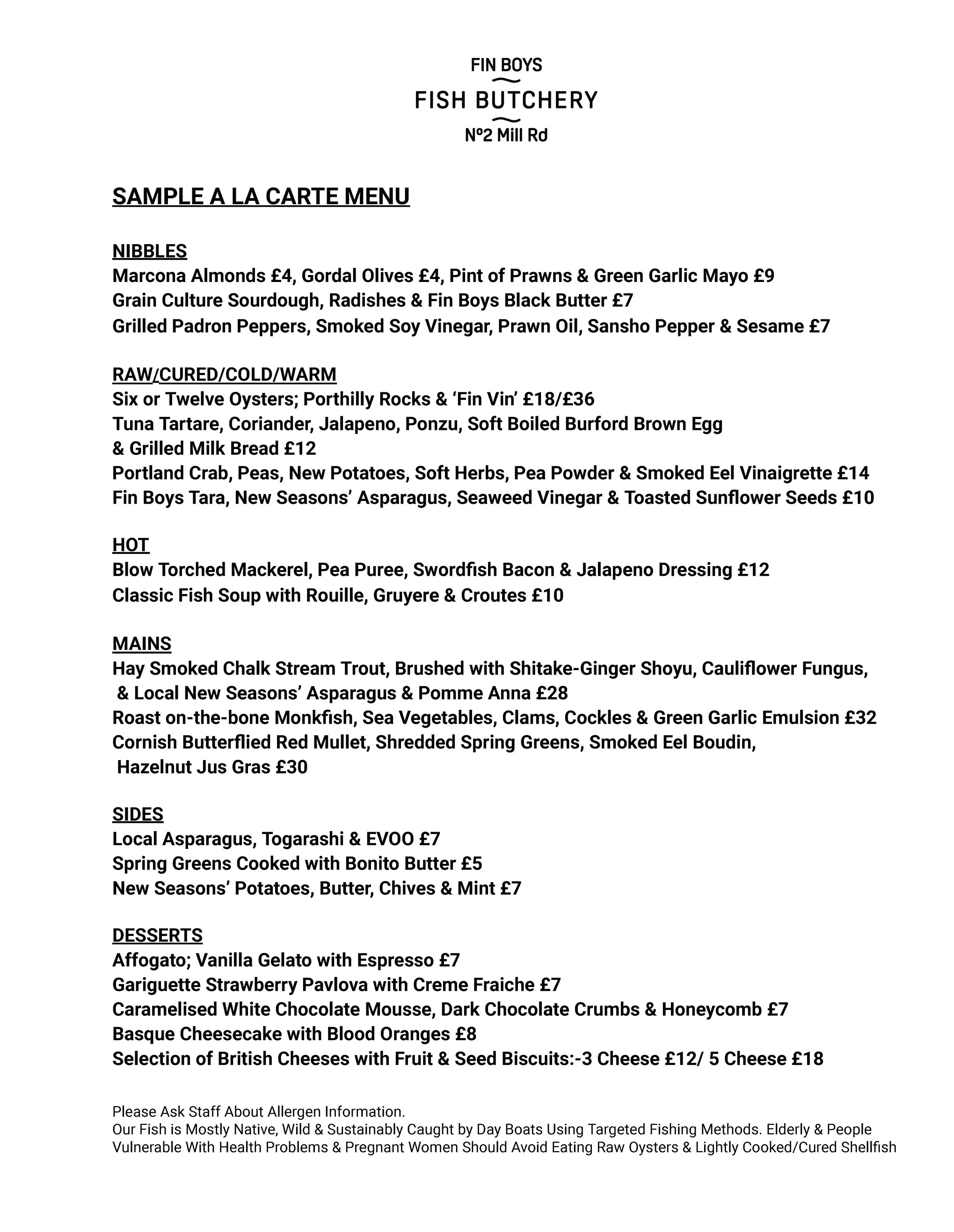 Fin Boys Menus — Fin Boys