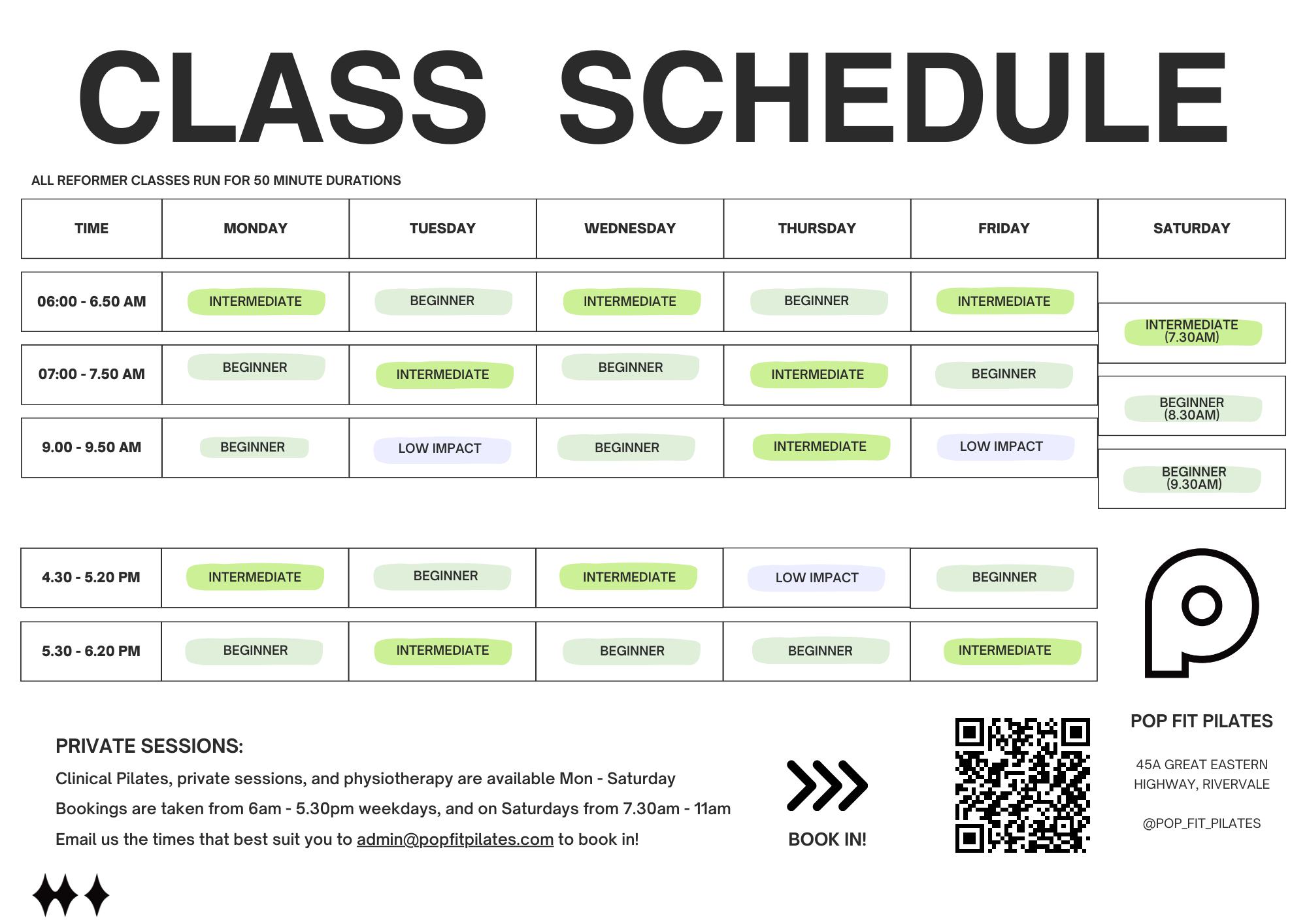 Timetable — POP FIT Pilates Studio