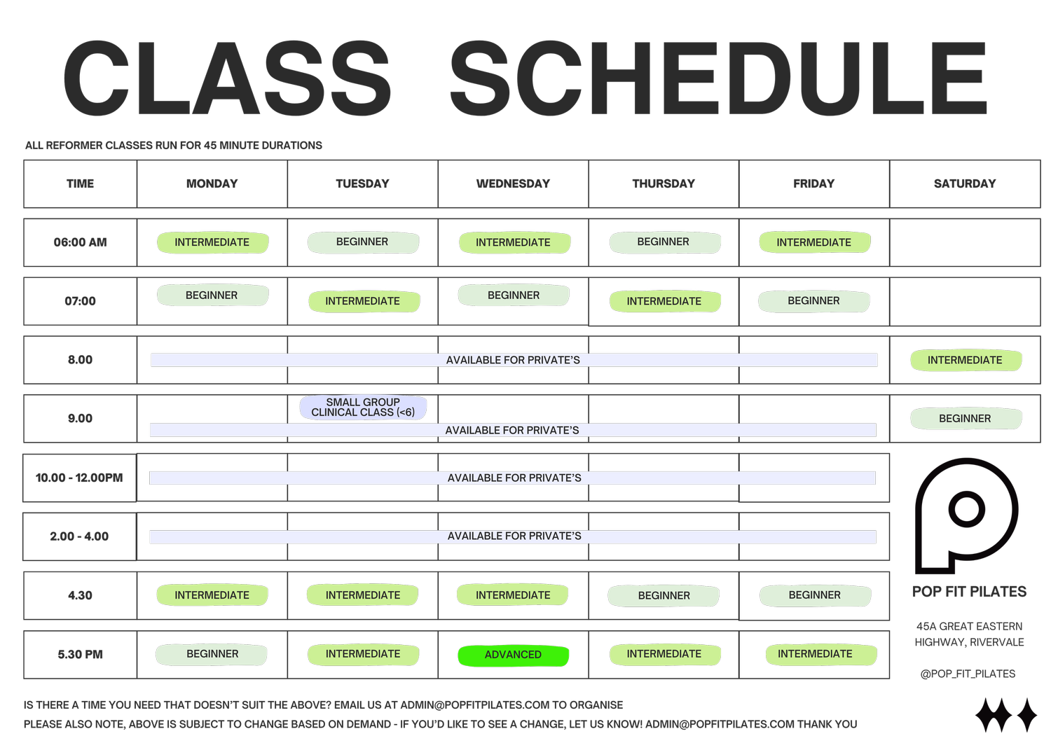 Timetable — POP FIT Pilates Studio