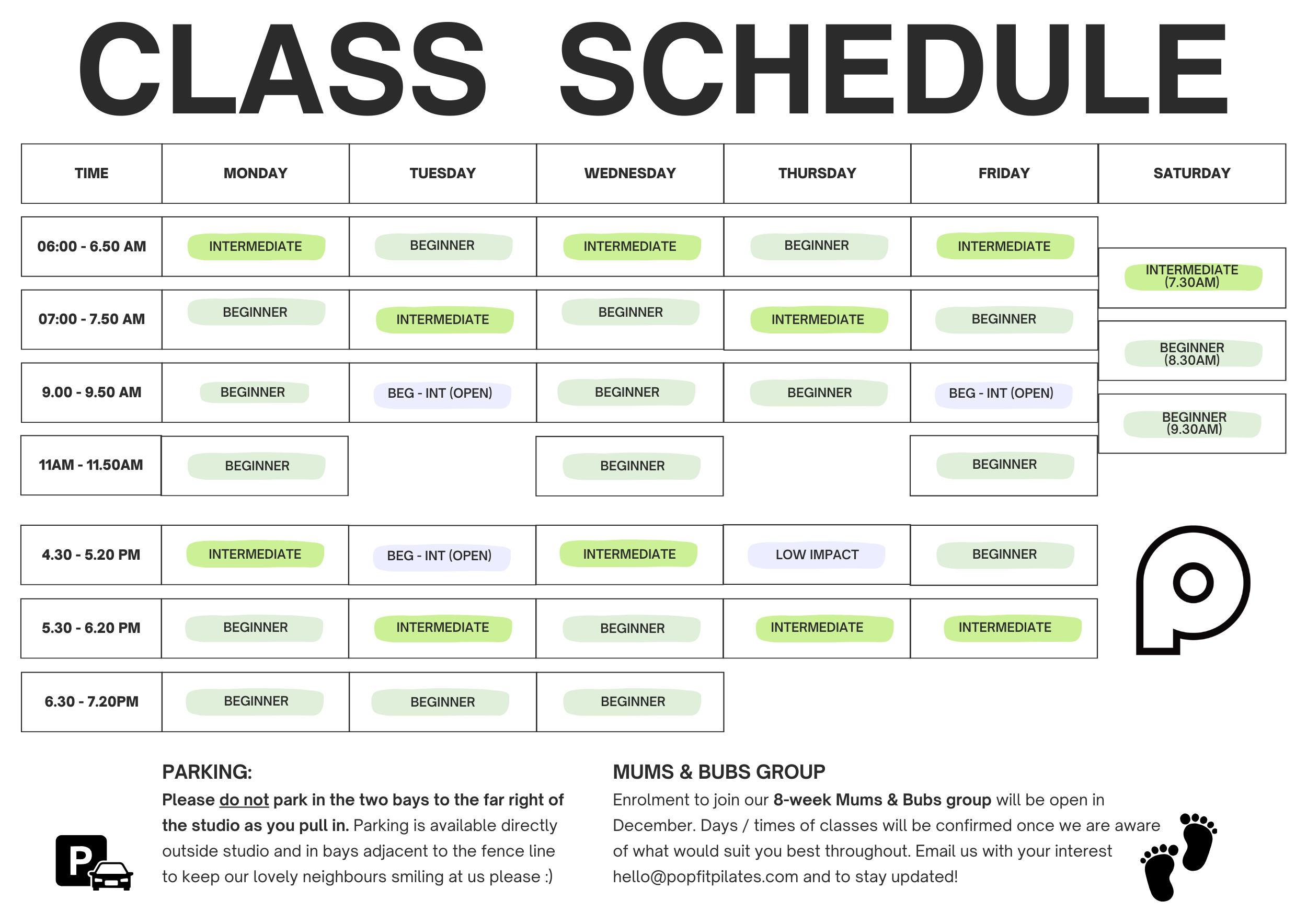 Timetable — POP FIT Pilates Studio