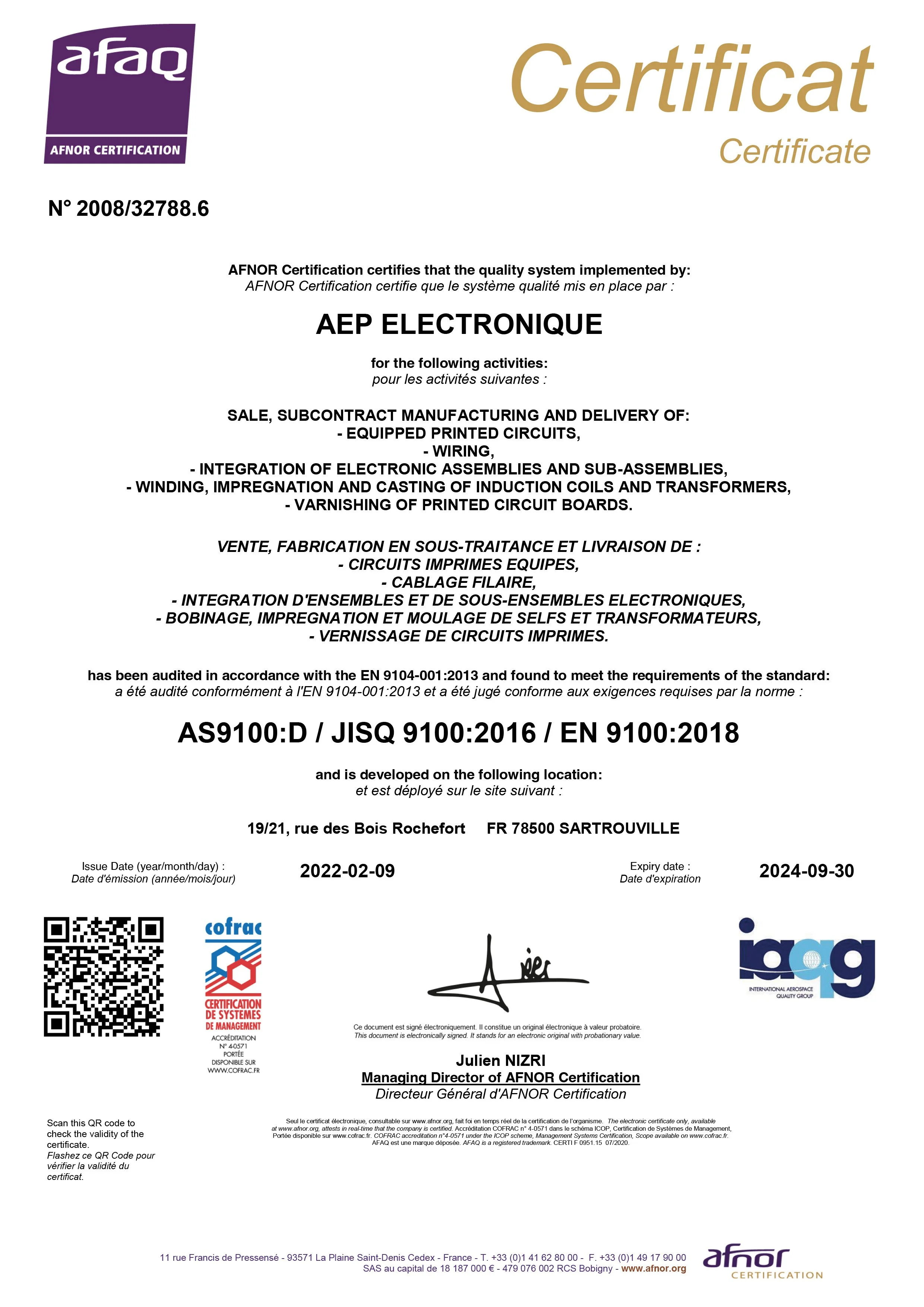 AEP Electronique - Certifications — AEP ELECTRONIQUE