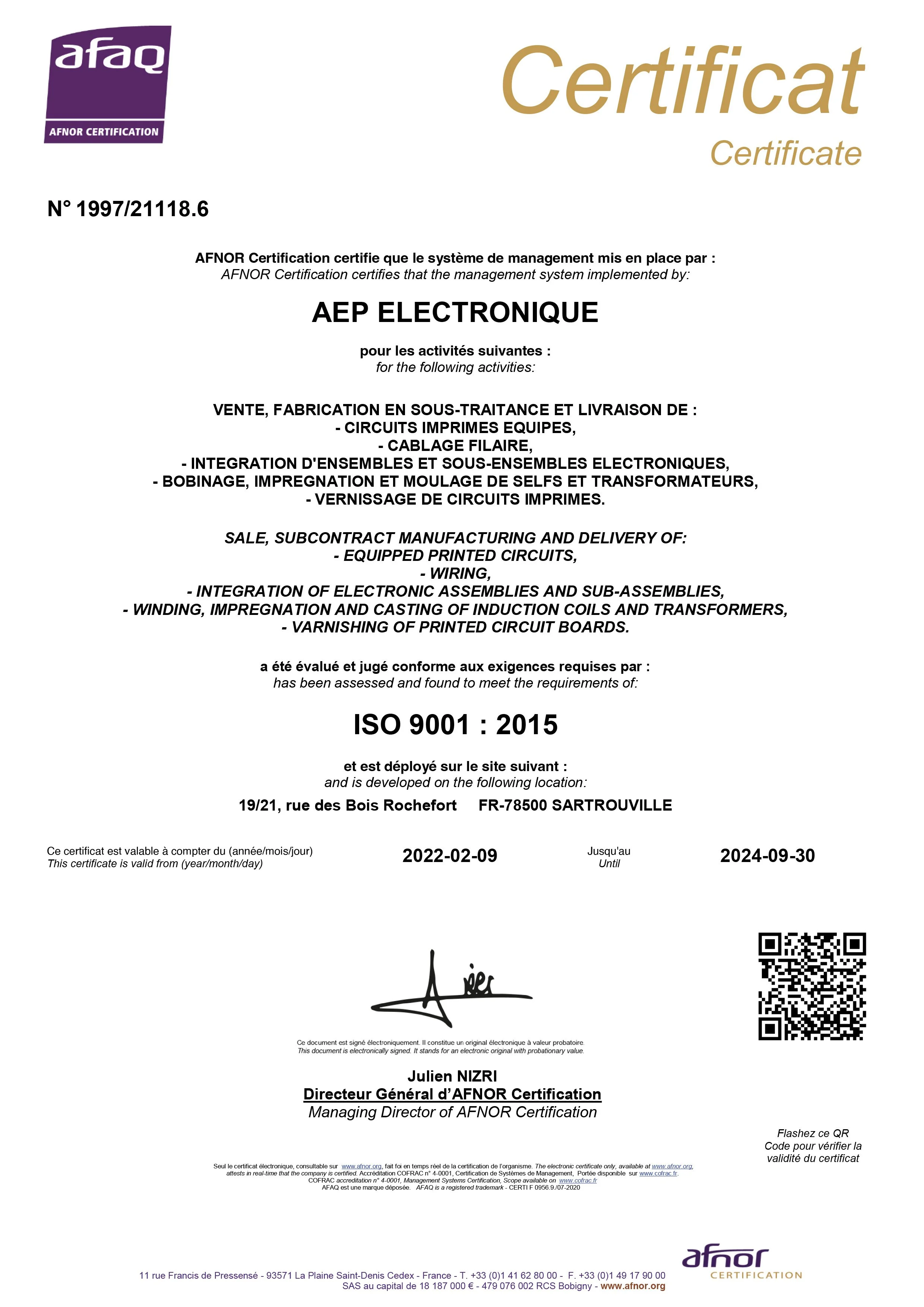 AEP Electronique - Certifications — AEP ELECTRONIQUE