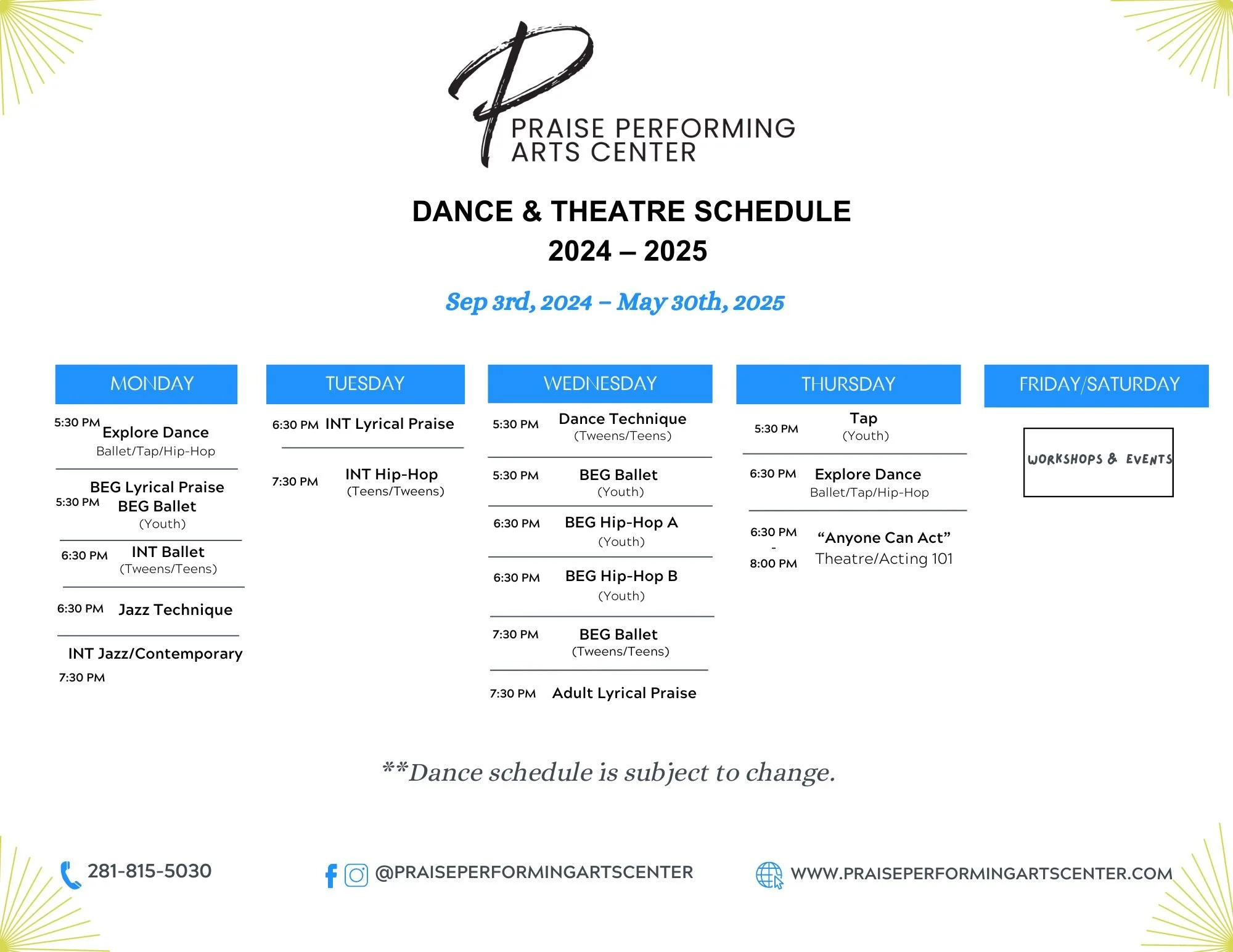 Schedules — Praise Performing Arts Center