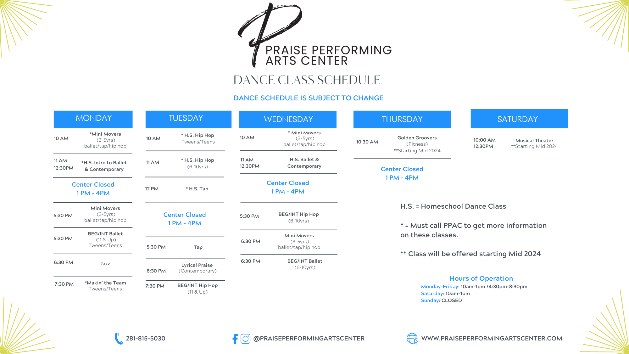 Schedules — Praise Performing Arts Center