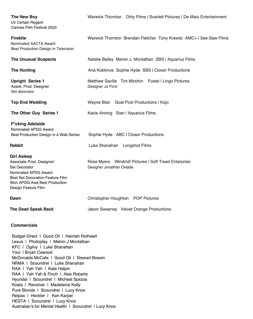 cv — amy baker | production design