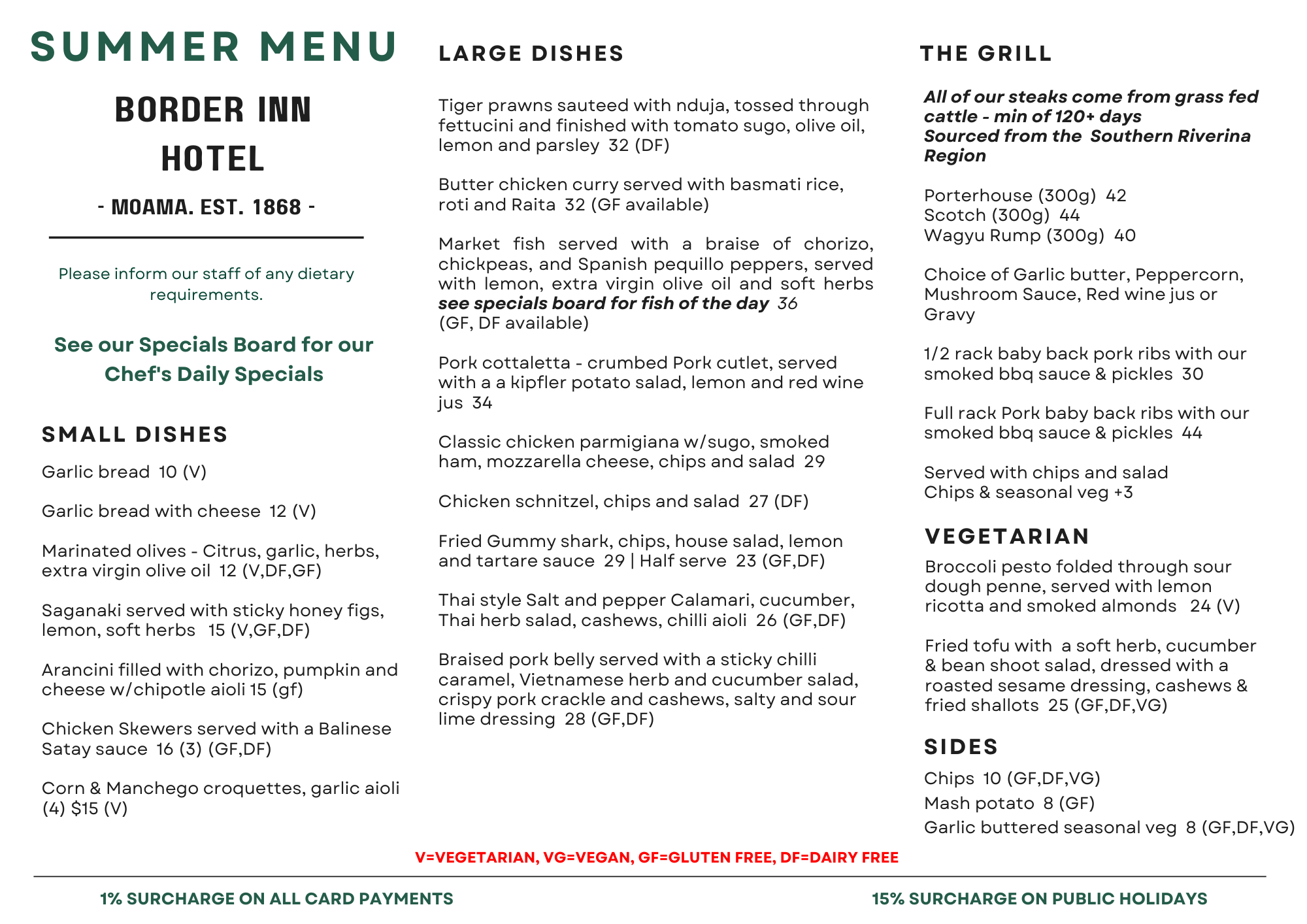 Dinner Menu | Moama Pub | Echuca Moama — Border Inn Hotel