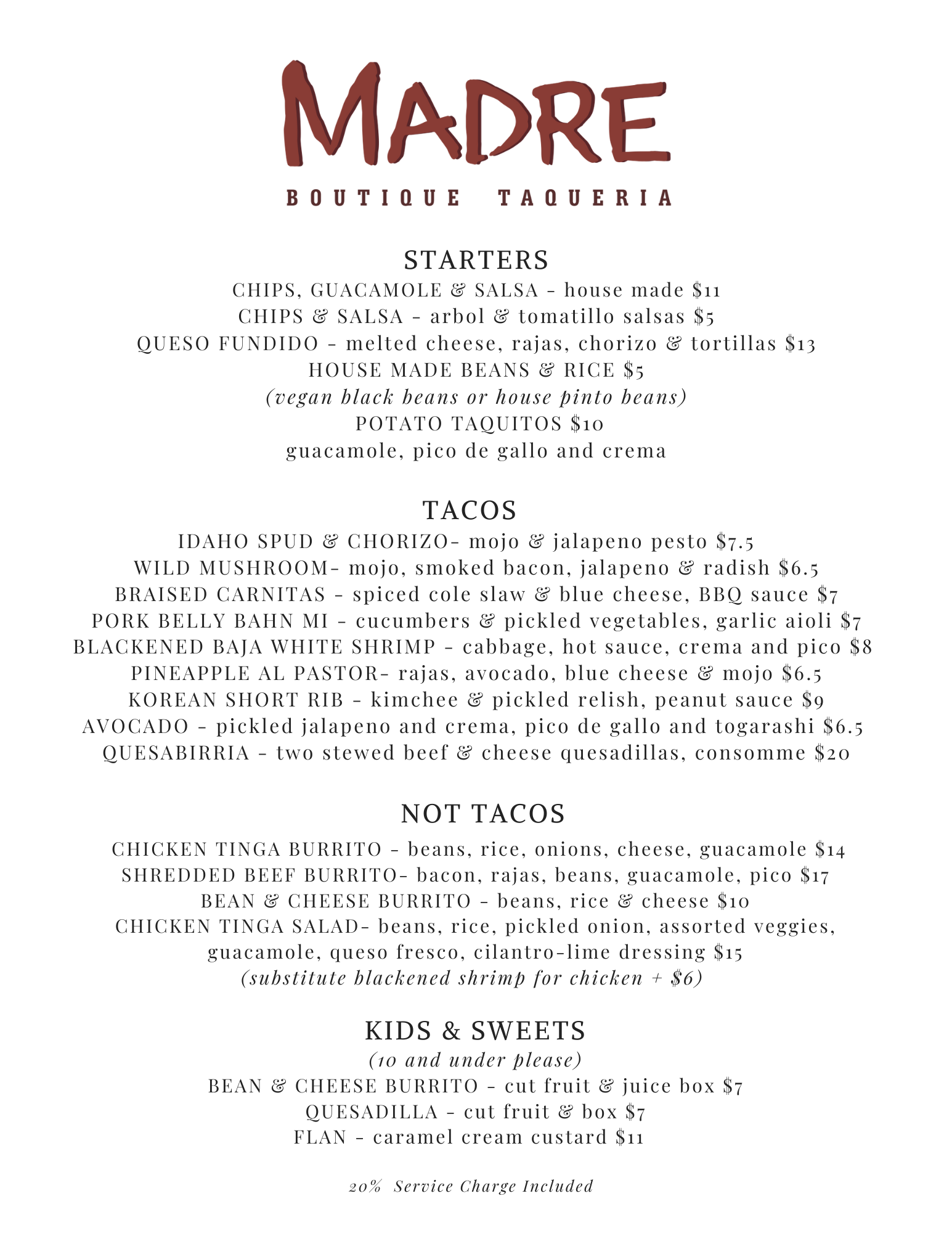 Menu — Madre Boutique Taqueria