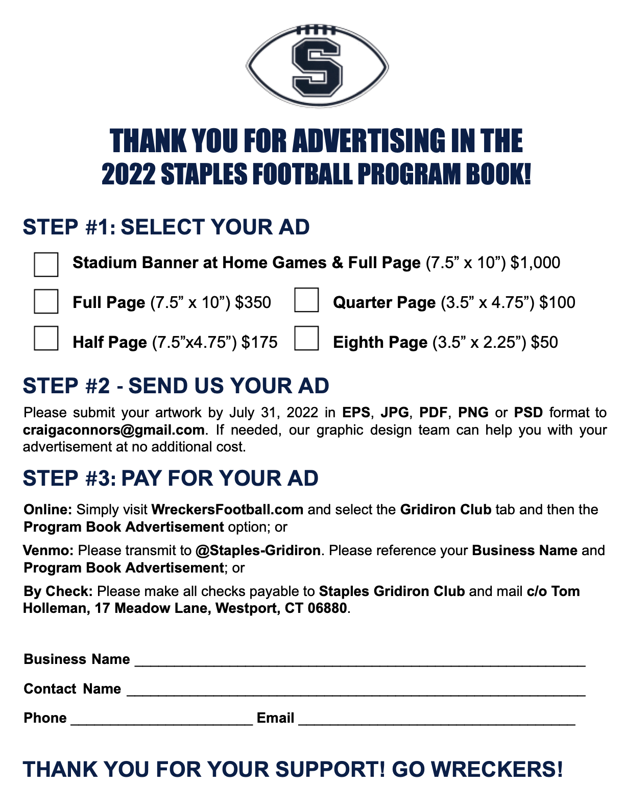 Program Book Advertisement — Staples Football